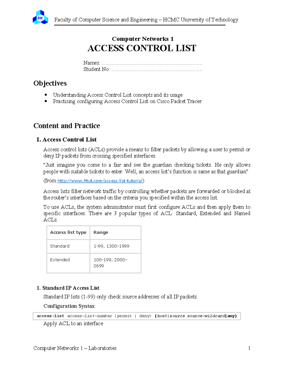 Lab11 - click more - Computer Networks 1 ACCESS CONTROL LIST Names: - Studocu