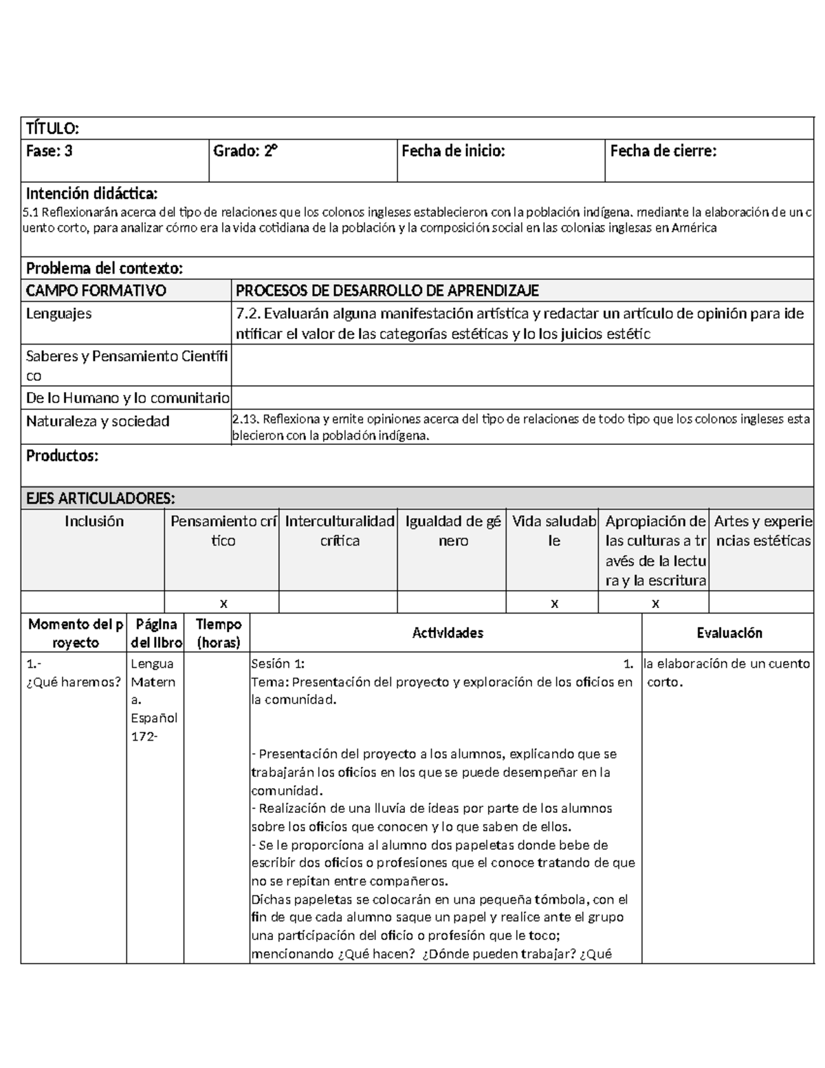 Proyecto abril 24 - TÍTULO: Fase: 3 Grado: 2° Fecha de inicio: Fecha de cierre: Intención ...