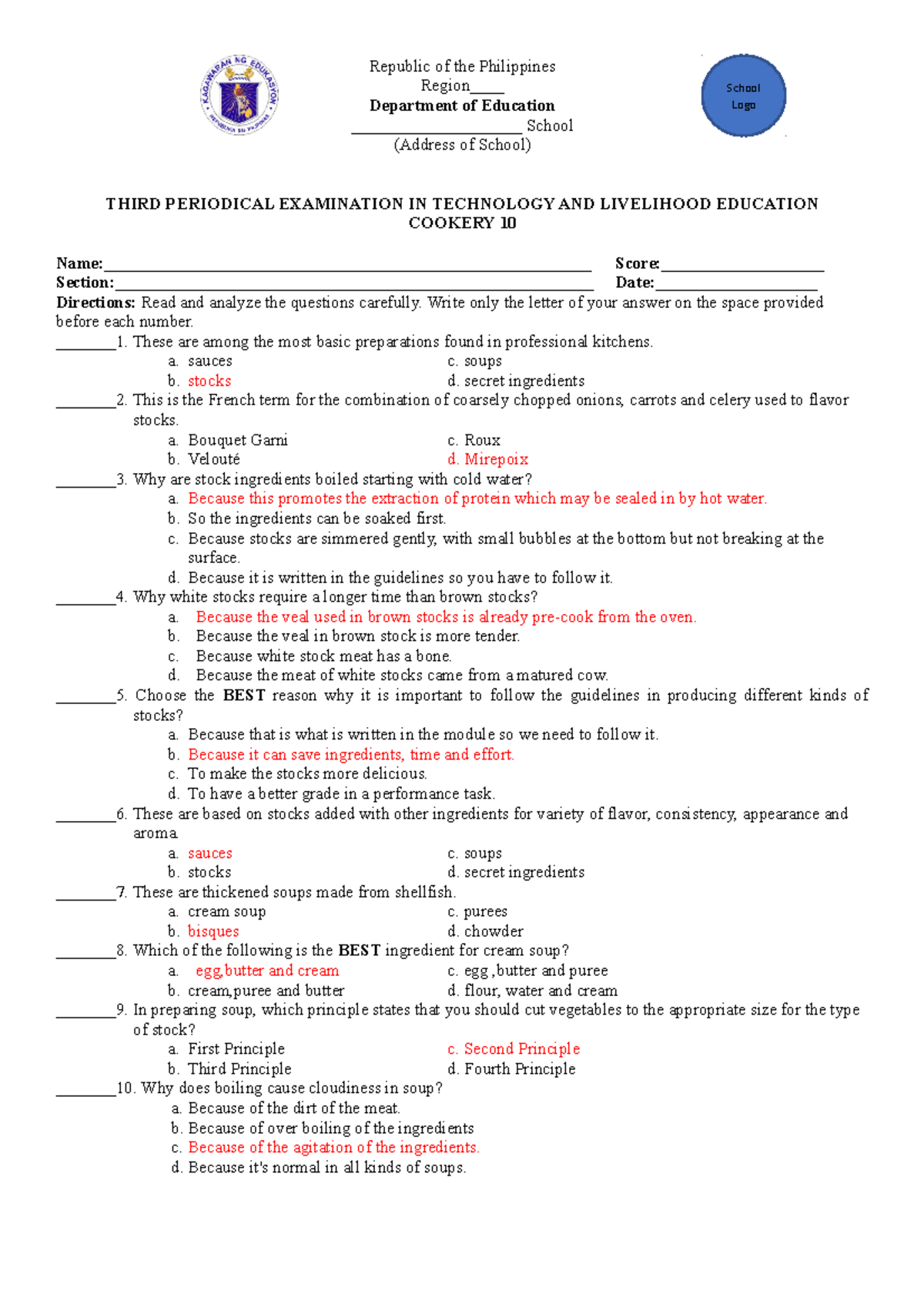 Cookery 10 EXAM - Republic of the Philippines Region____ Department of ...