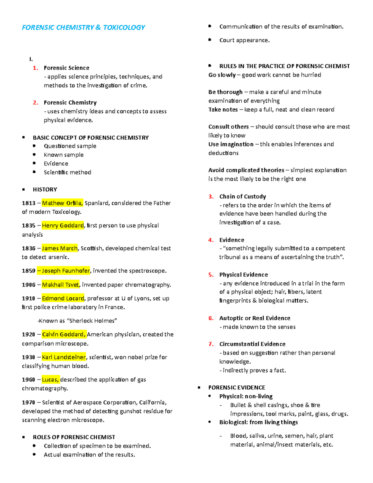 CRI 023 Forensic Chemistry - FORENSIC CHEMISTRY & TOXICOLOGY I. Forensic Science applies science ...