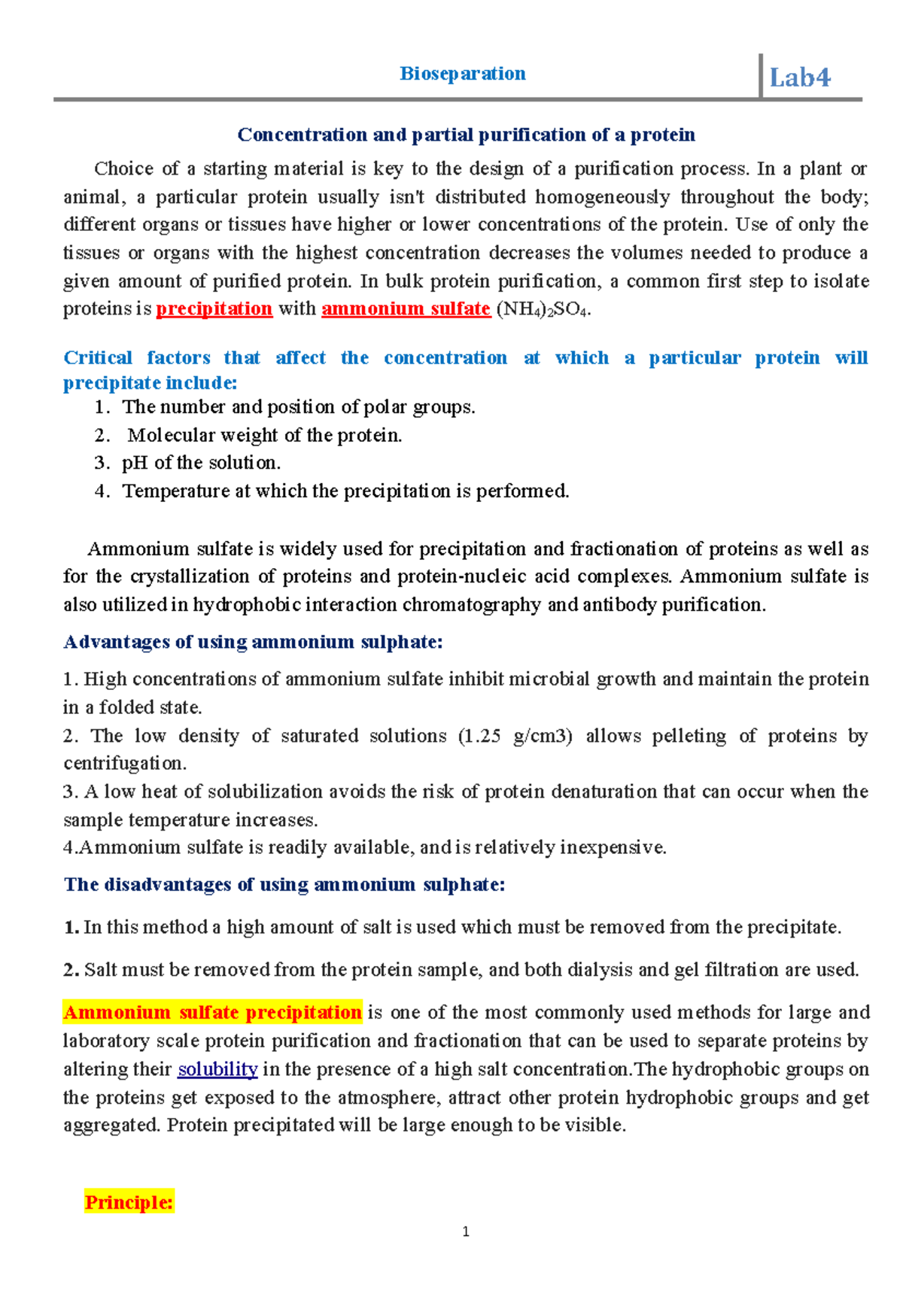 Bioseparation - 4 - Concentration and partial purification of a protein ...