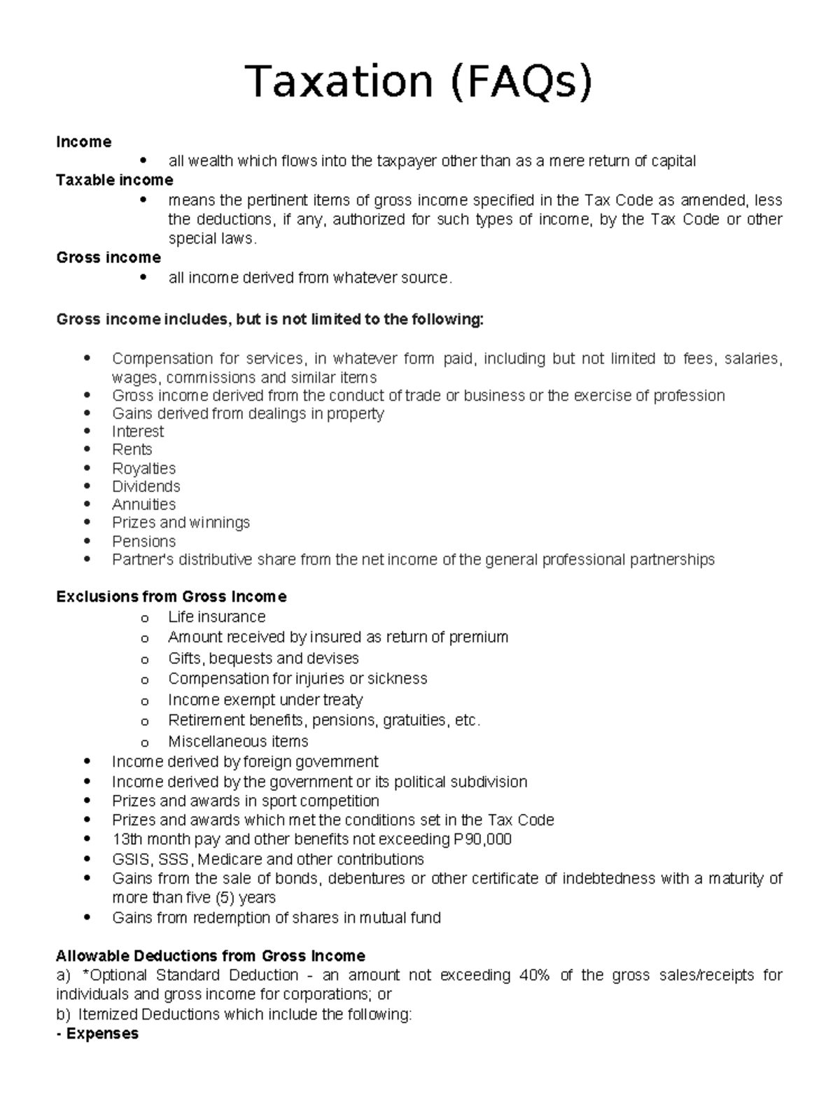 Taxation faqs - Taxation (FAQs) Income all wealth which flows into the ...