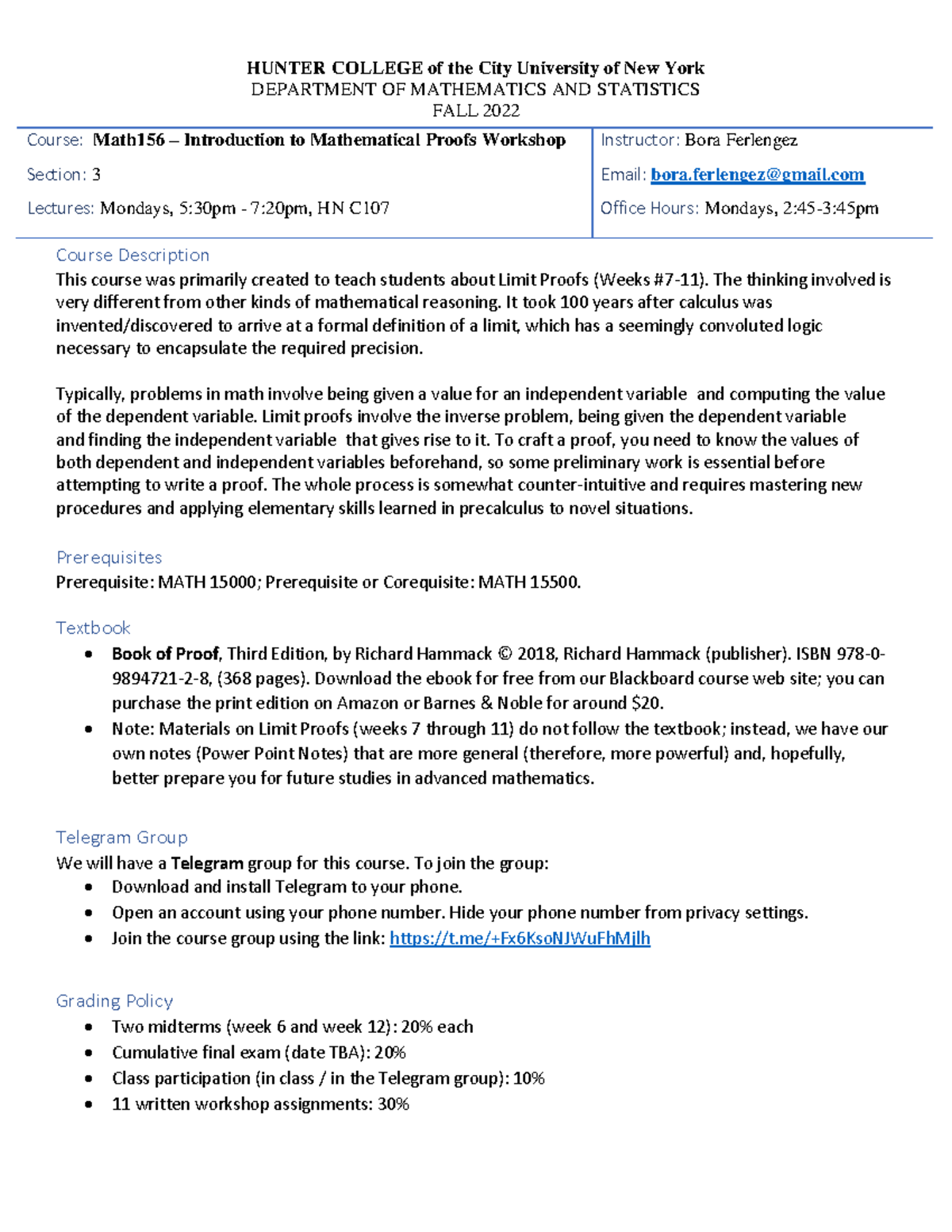 Math156 syllabus - HUNTER COLLEGE of the City University of New York ...