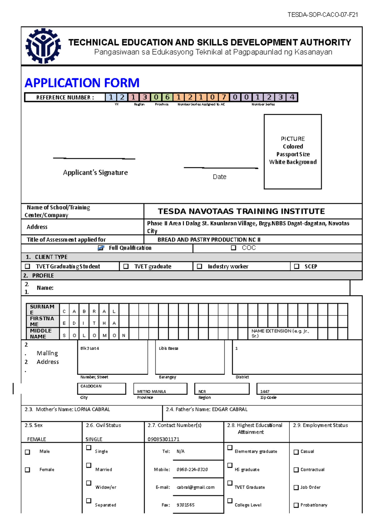 APPLICATION-FORM-with-ADMISSION-SLIP - TESDA-SOP-CACO-07-F TECHNICAL ...