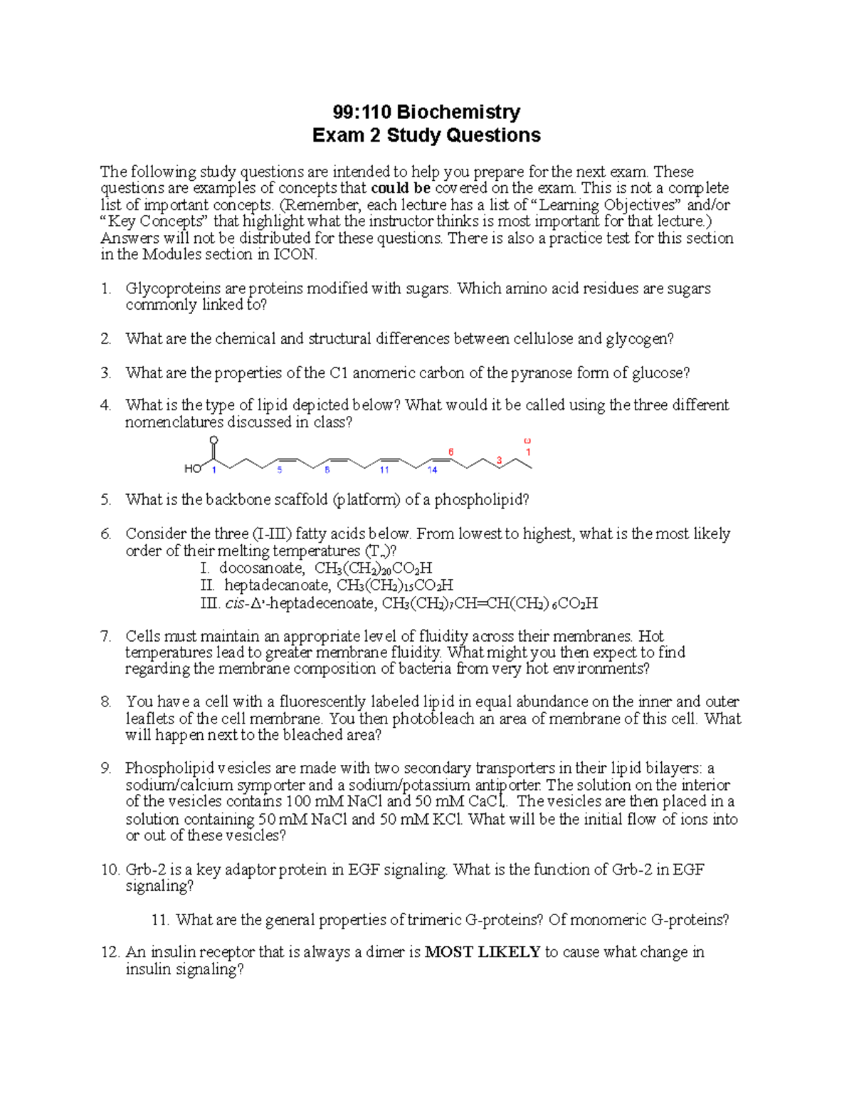 BIOC3110 Study Questions Exam2 - 99:110 Biochemistry Exam 2 Study ...