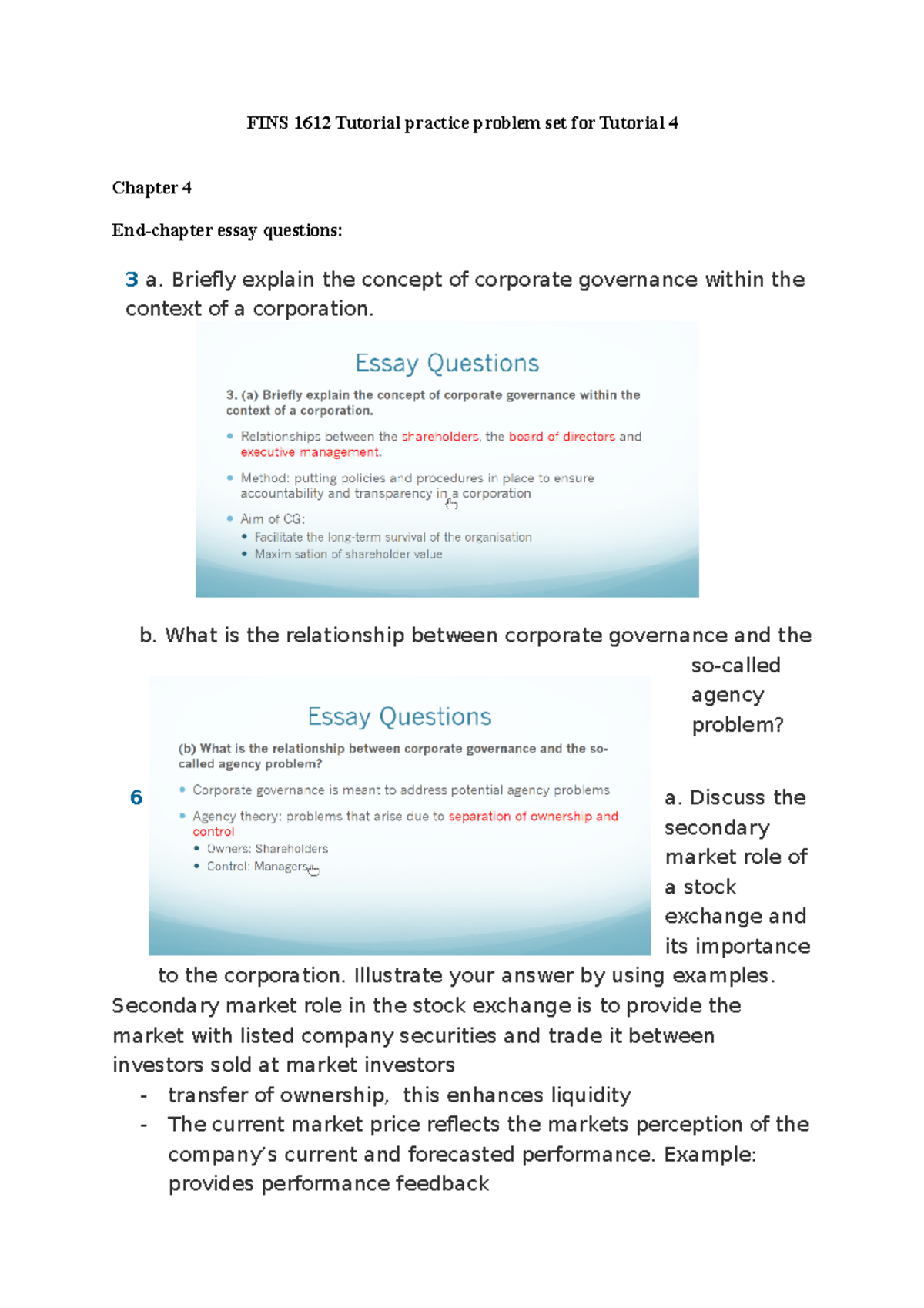 Tutorial practice problem W4 answers - FINS 1612 Tutorial practice problem set for Tutorial 4 ...