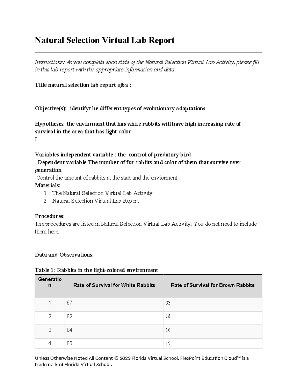 05 02 natural selection lab report - Natural Selection Virtual Lab ...