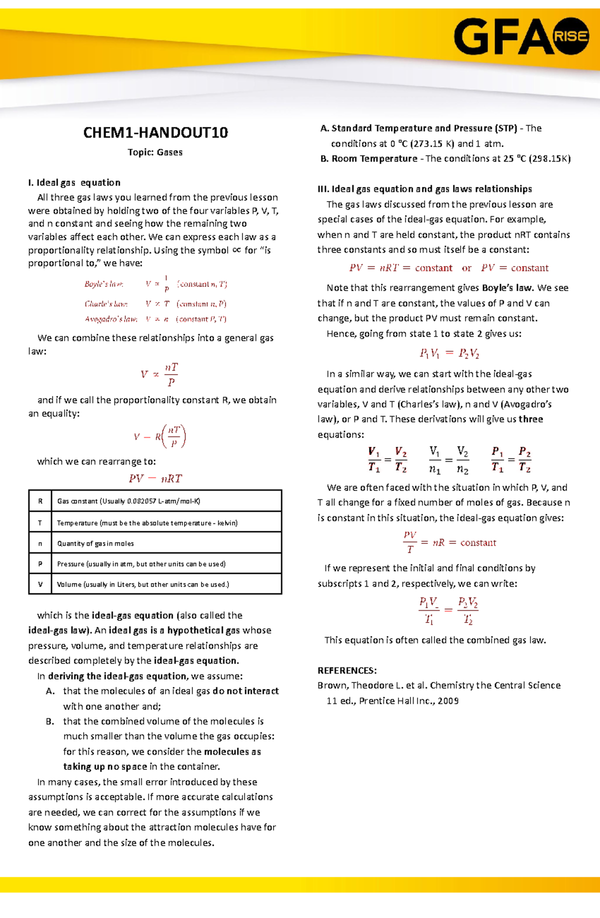 CHEMISTRY HANDOUT FREE - CW-HANDOUT CHEM1-HANDOUT Topic: Gases I. Ideal ...