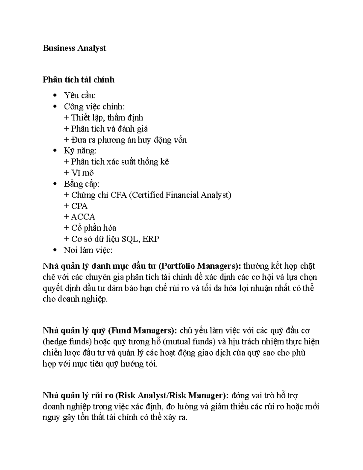 Business Analyst - cxvv - Business Analyst Phân tích tài chính Yêu cầu ...