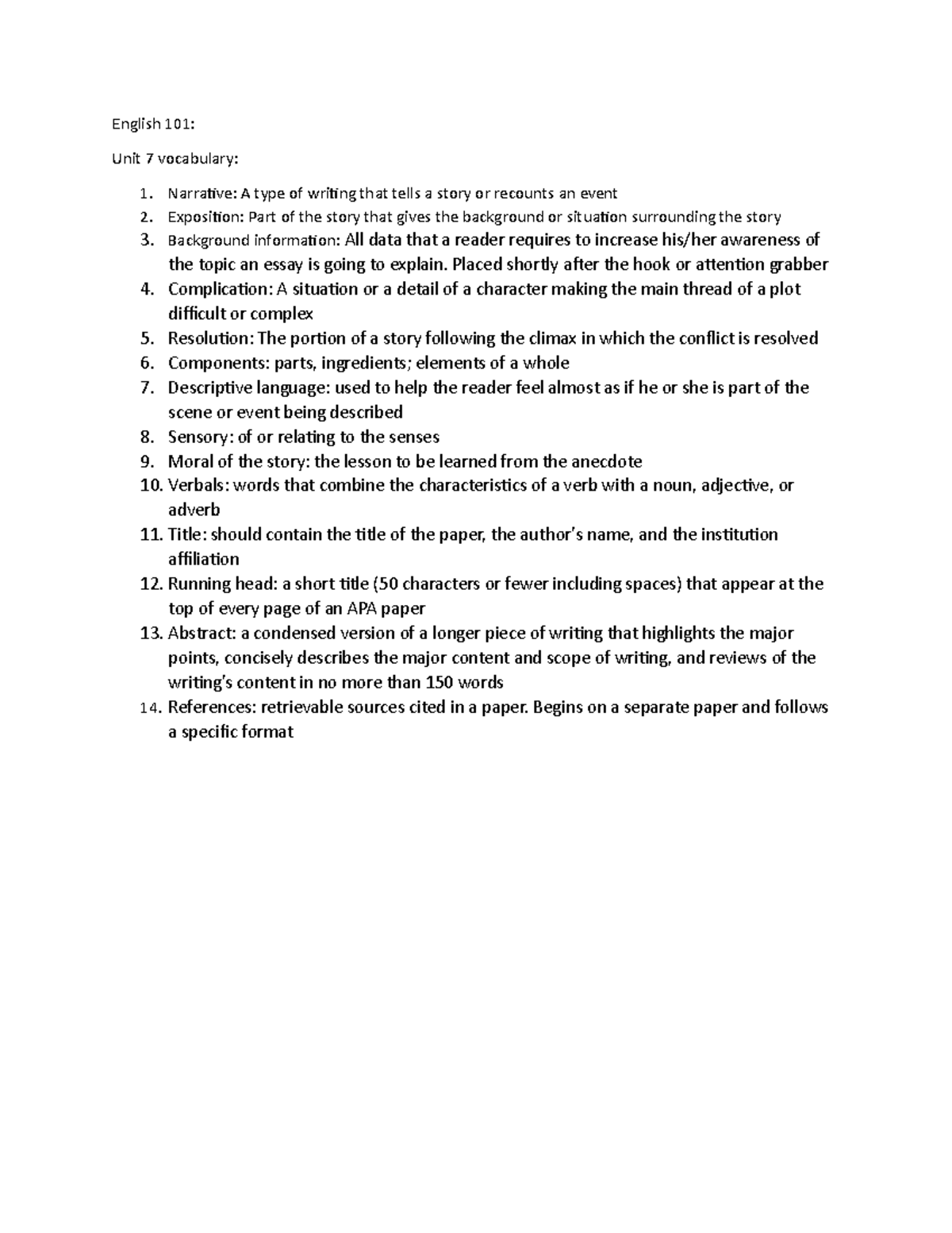 Eng 101 unit 7 vocabulary study guide - English 101: Unit 7 vocabulary ...