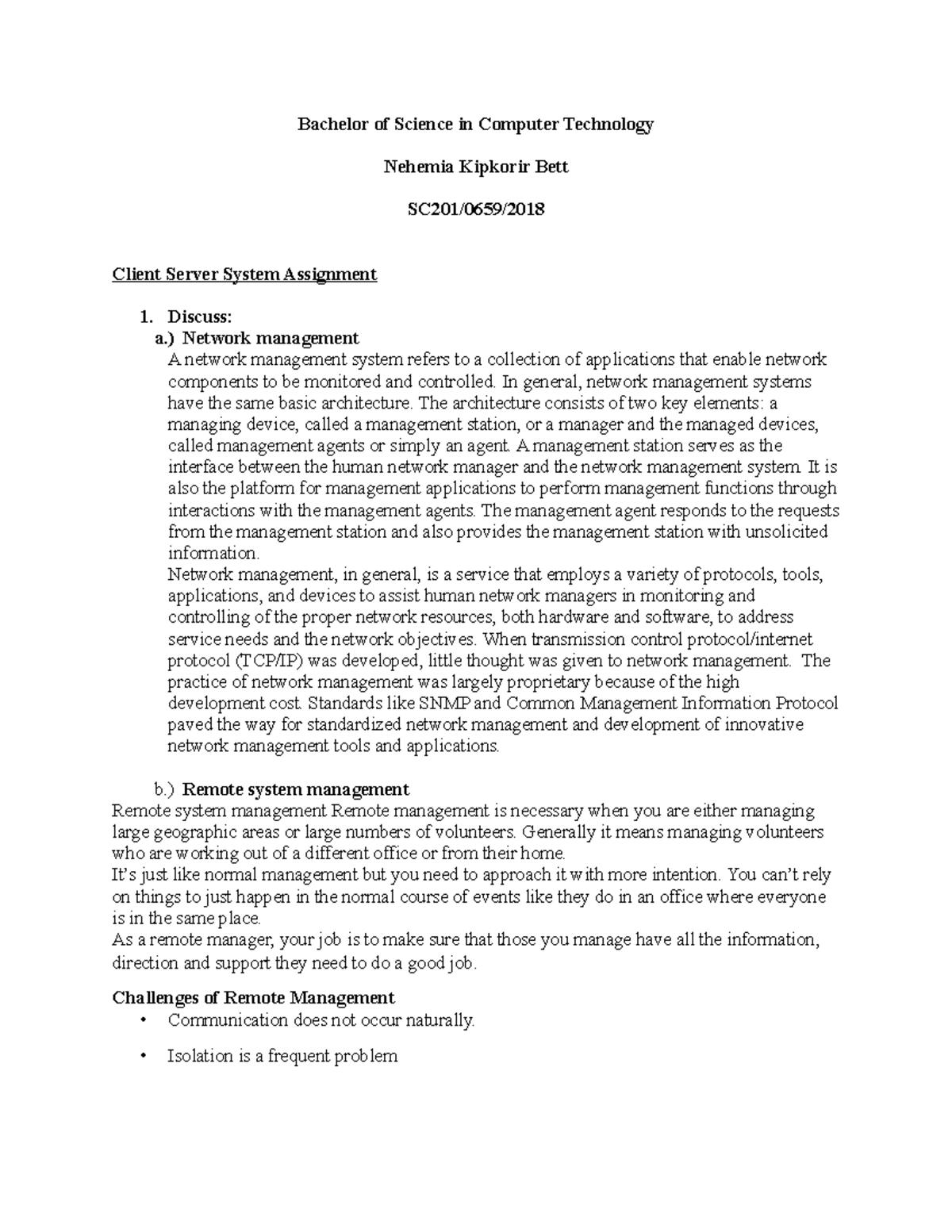 Client server assigment - Bachelor of Science in Computer Technology ...