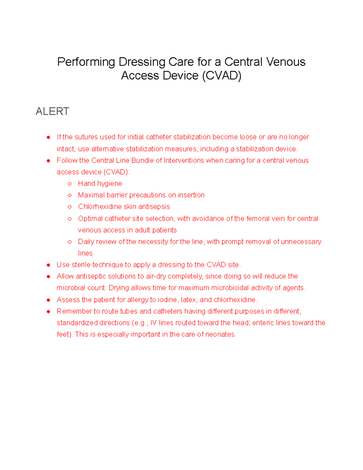 Performing Dressing Care for a Central Venous Access Device (CVAD ...