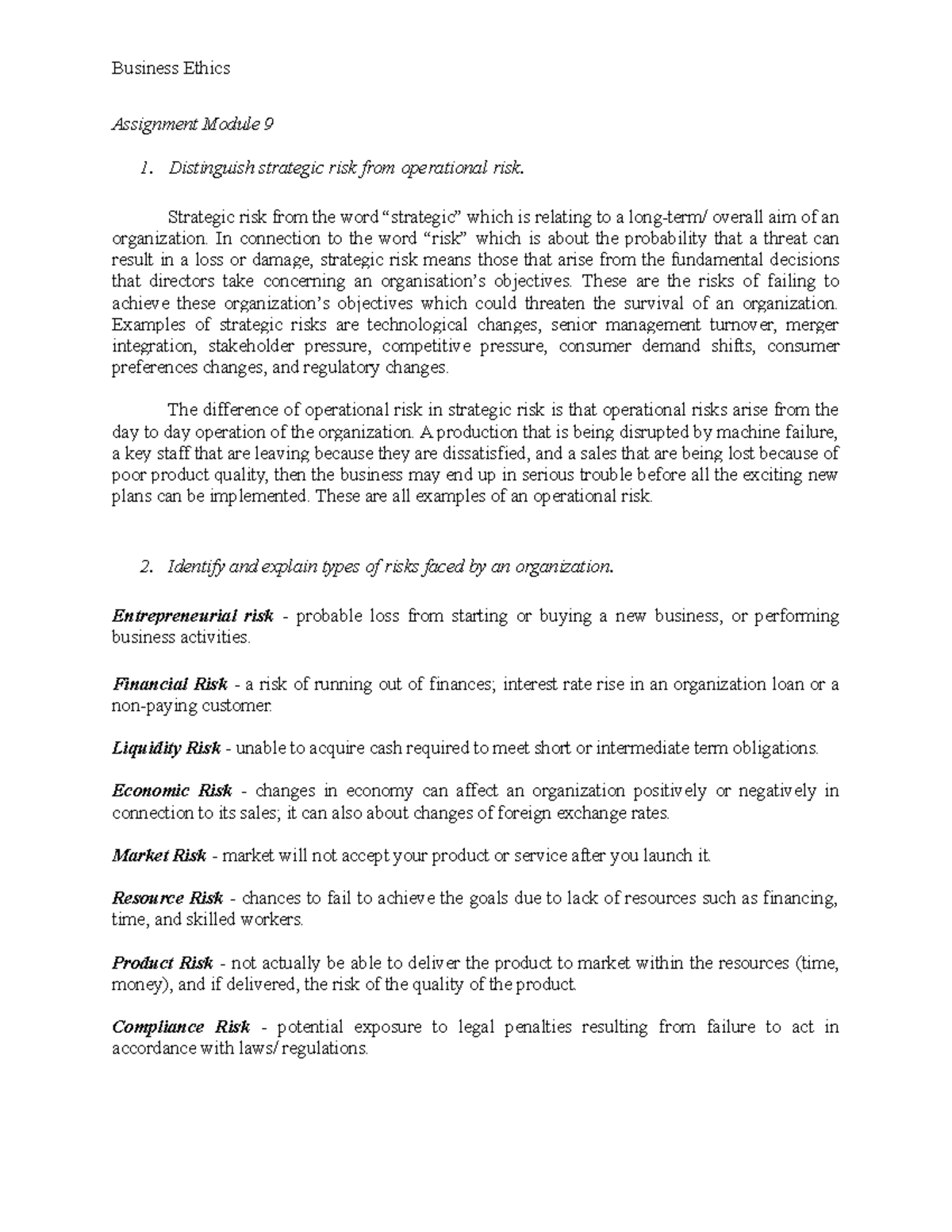 Assignment Module 9 - Business Ethics - Types of Risk in an ...