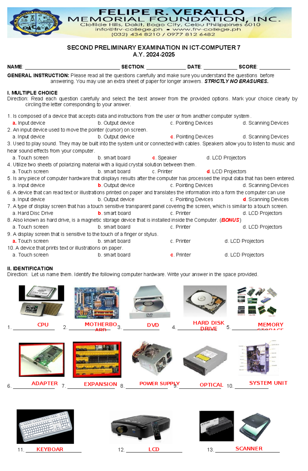ICT 7 ( Answer KEY) - ESP - SECOND PRELIMINARY EXAMINATION IN ICT ...