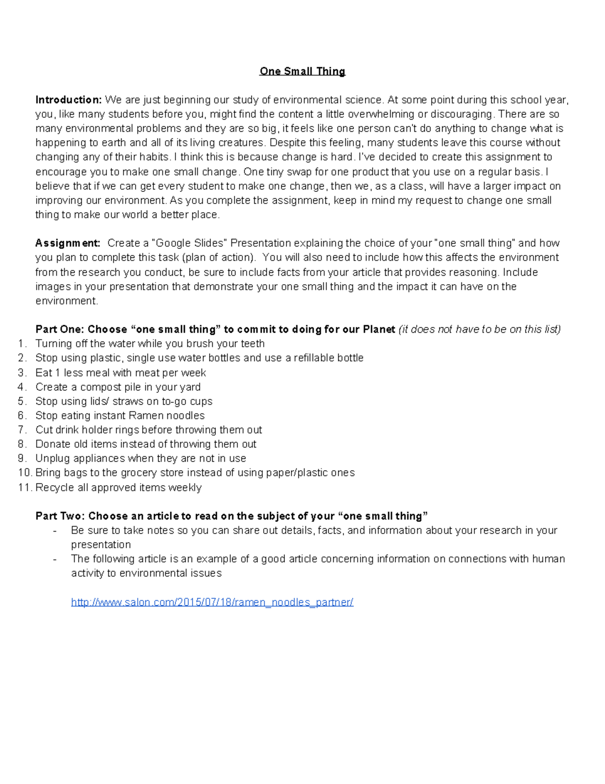 Student Copy of One Small Thing - One Small Thing Introduction: We are ...