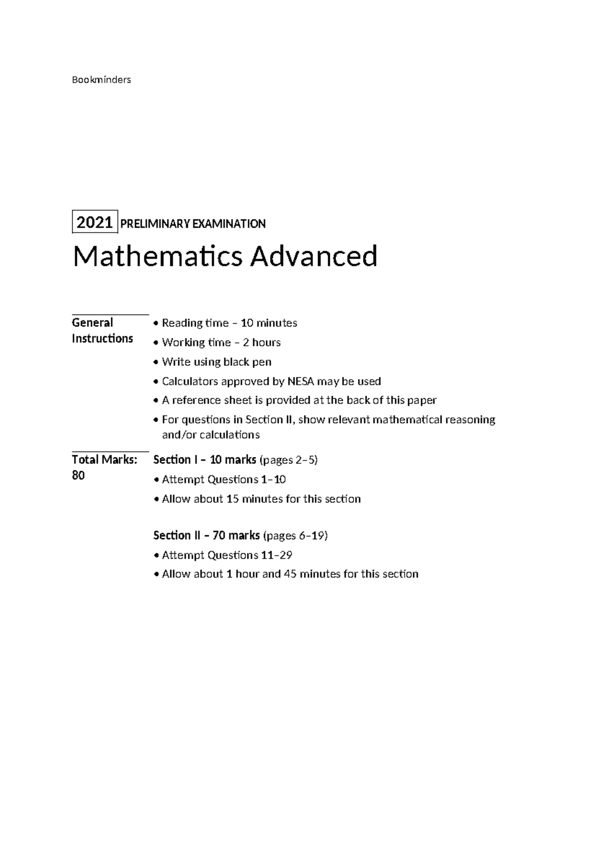 2021 Year 11 Mathematics Advanced Examination - Bookminders 2021 ...