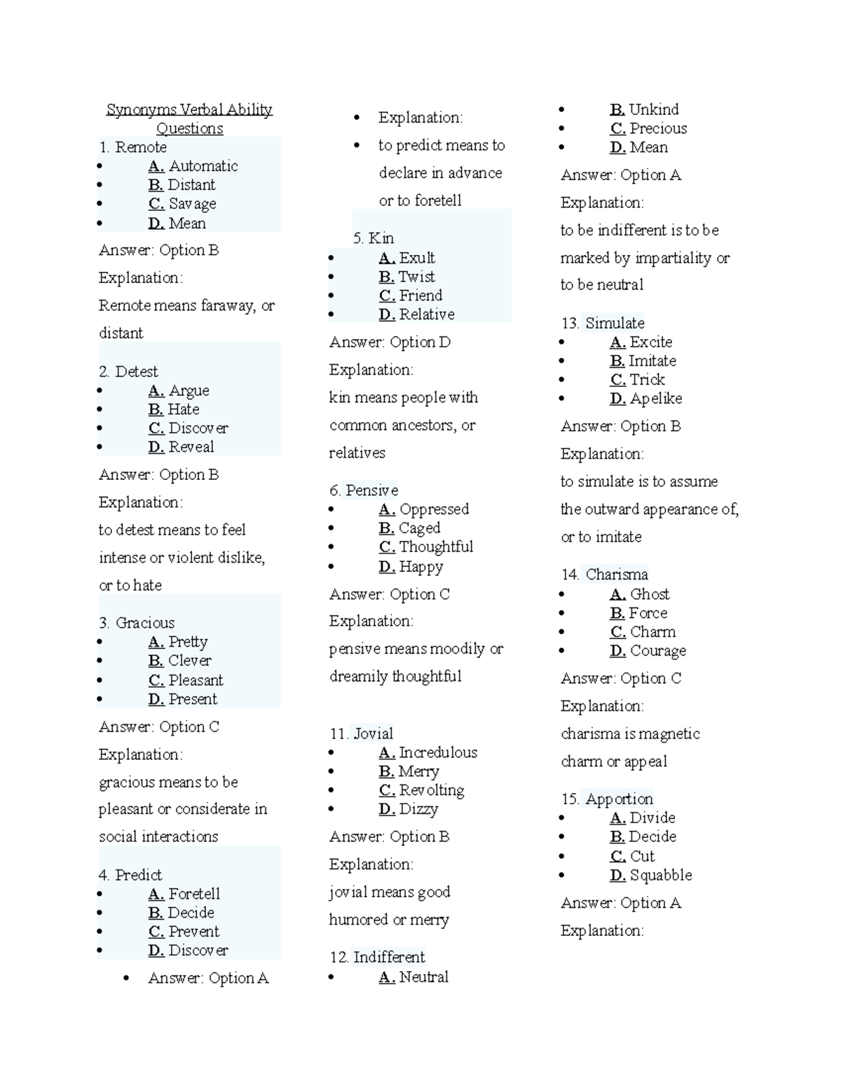 All India Exam (Synonyms) - Synonyms Verbal Ability Questions Remote A ...