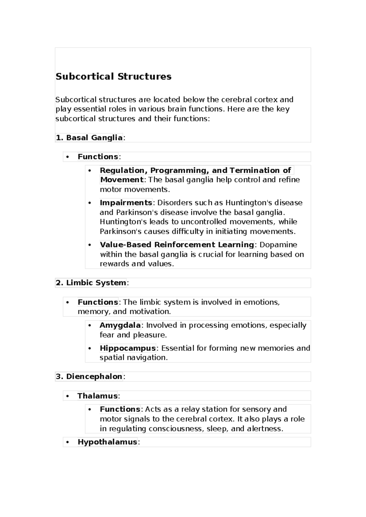 PSYC2217 sub knowledge - Subcortical Structures Subcortical structures ...