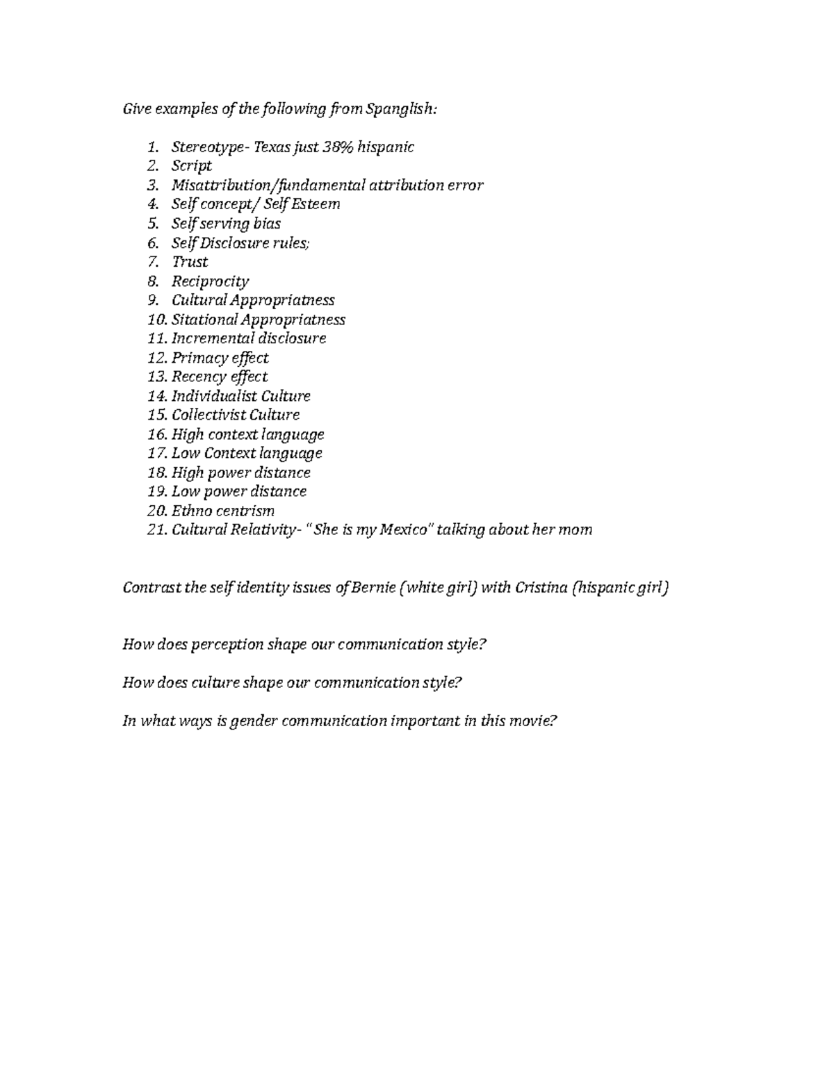 Spanglish Worksheet - none - Give examples of the following from ...