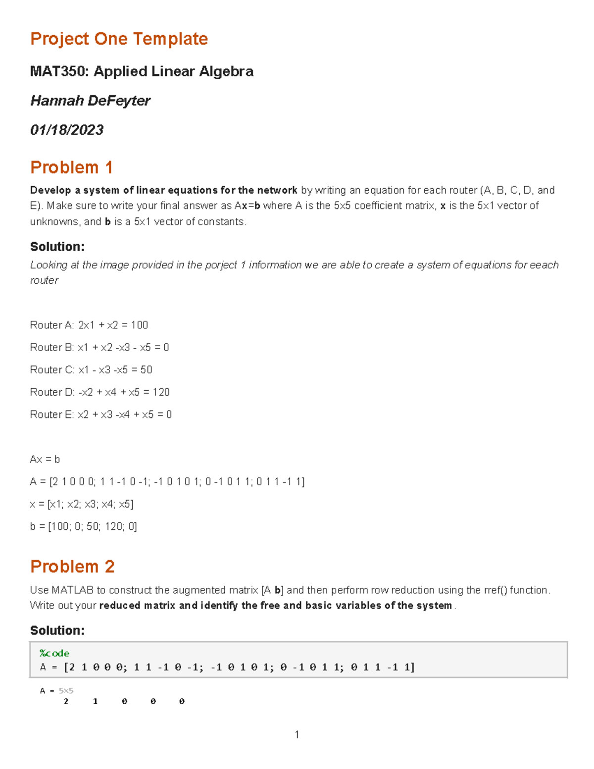 Project One Finished - Project One Template MAT350: Applied Linear ...
