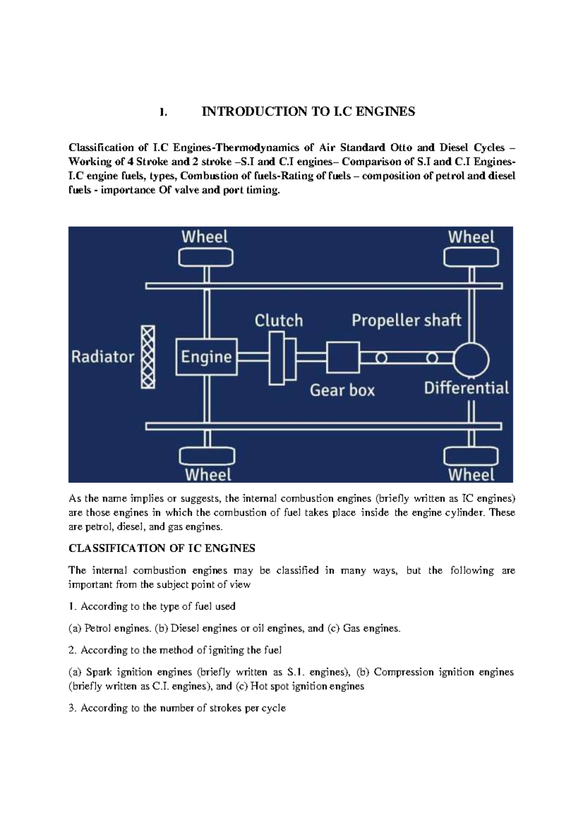 Introduction TO I.C Engines - I. INTRODUCTION TO I ENGINES Classification of I - Studocu