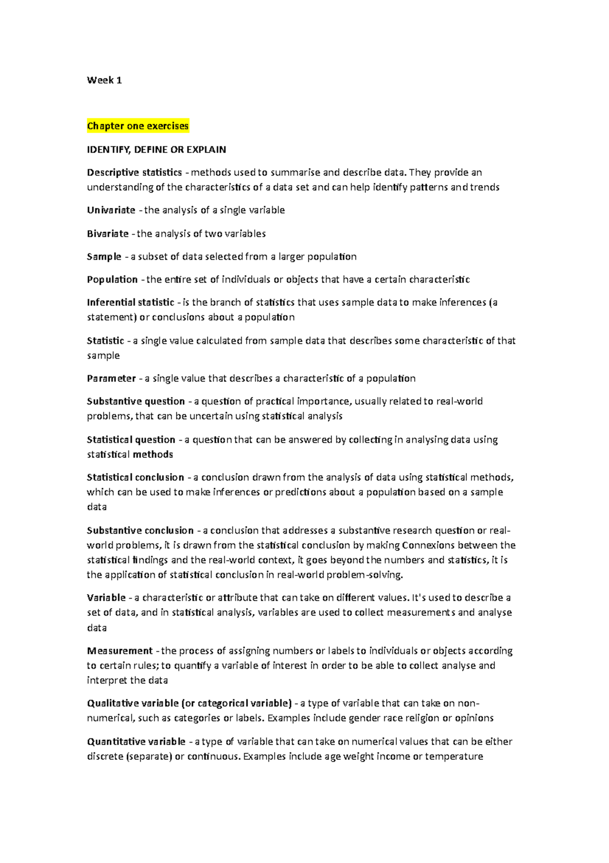 Exercises Chapter 1 641 - Week 1 Chapter one exercises IDENTIFY, DEFINE OR EXPLAIN Descriptive ...