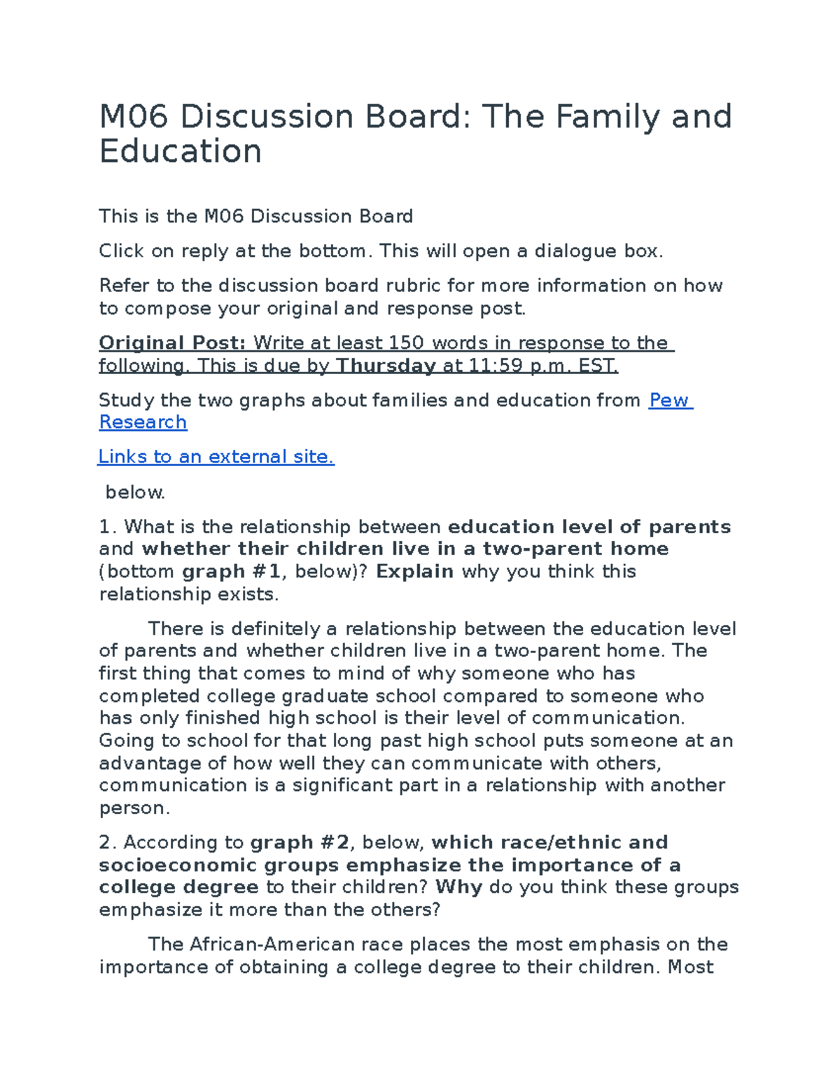 M06 Discussion Board The Family and Education - M06 Discussion Board ...