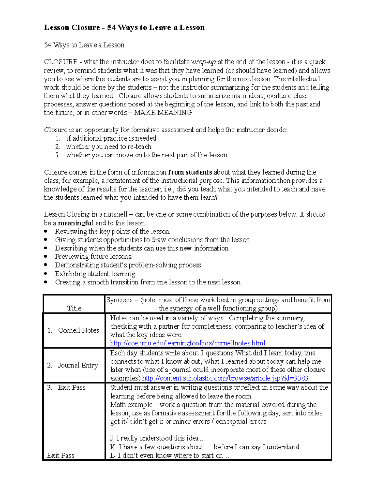 Lesson Closure in English - Lesson Closure - 54 Ways to Leave a Lesson ...