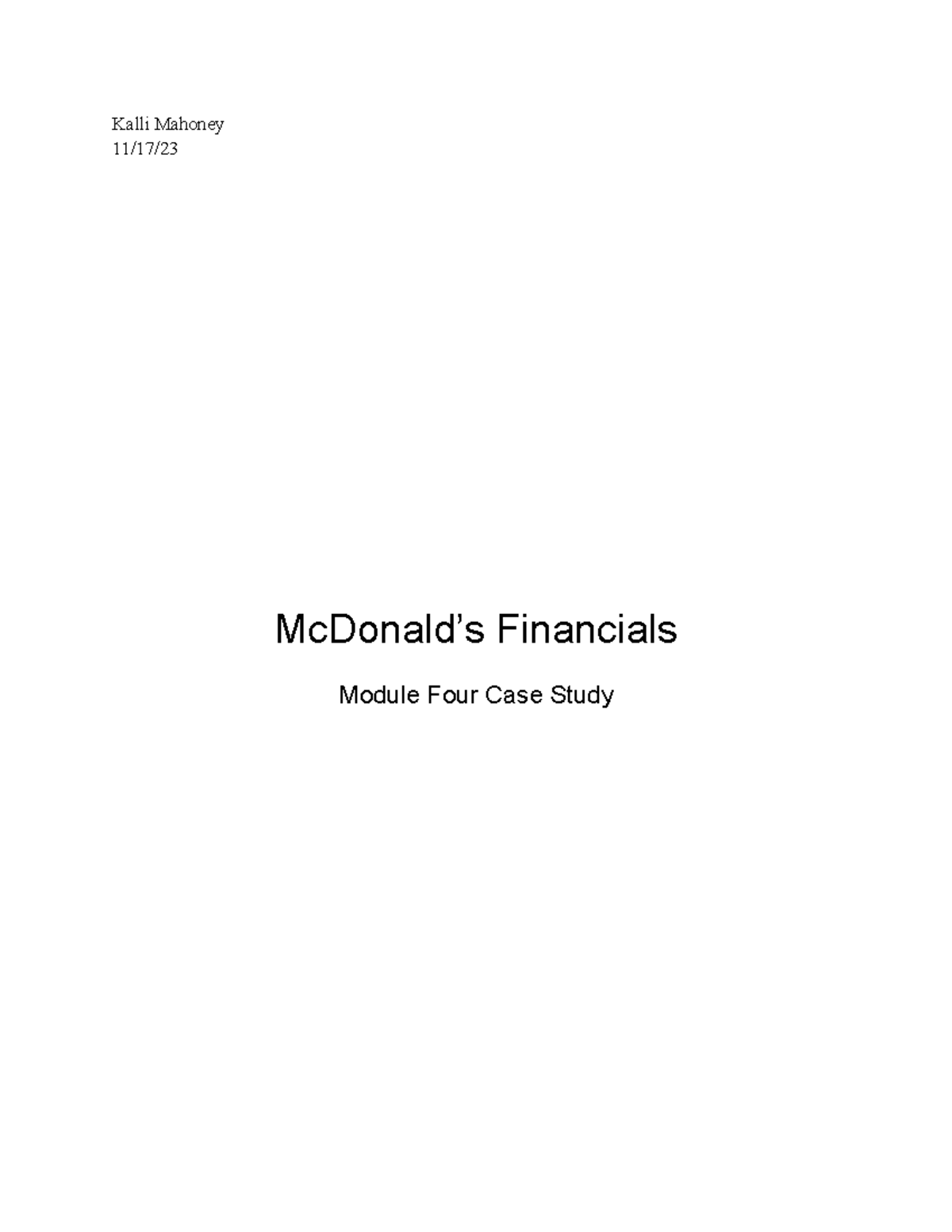 Financial Module 4 Case Study Mc Donalds - Kalli Mahoney 11/17 ...
