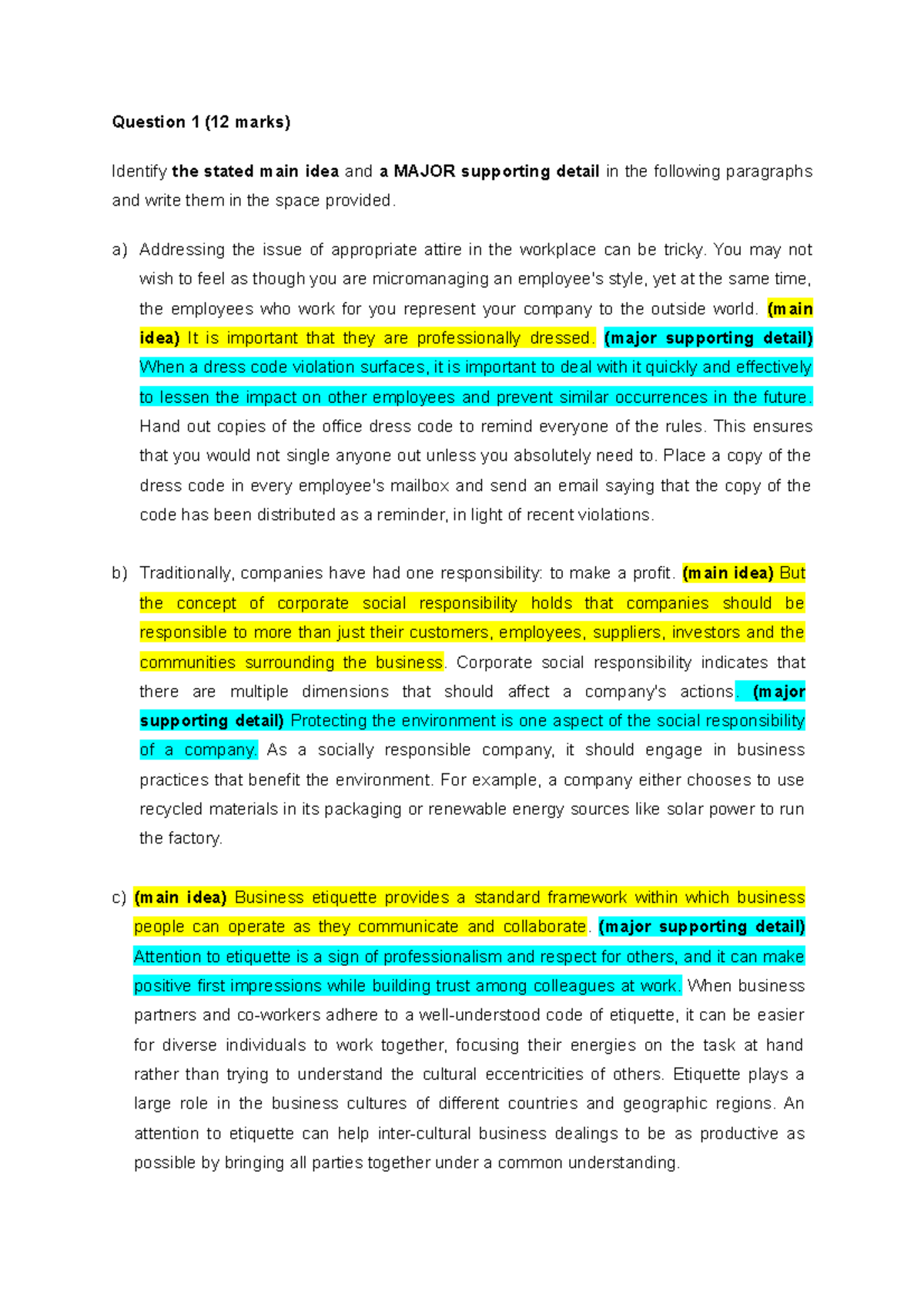 Main Idea and Major Supporting Details - Question 1 (12 marks) Identify ...