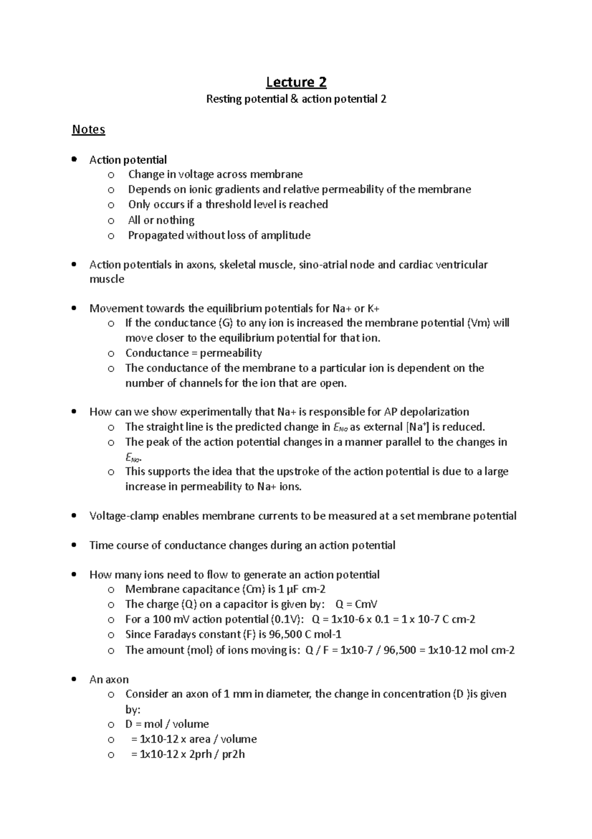 Potentials Notes 3 - Lecture 2 Resting potential & action potential 2 ...