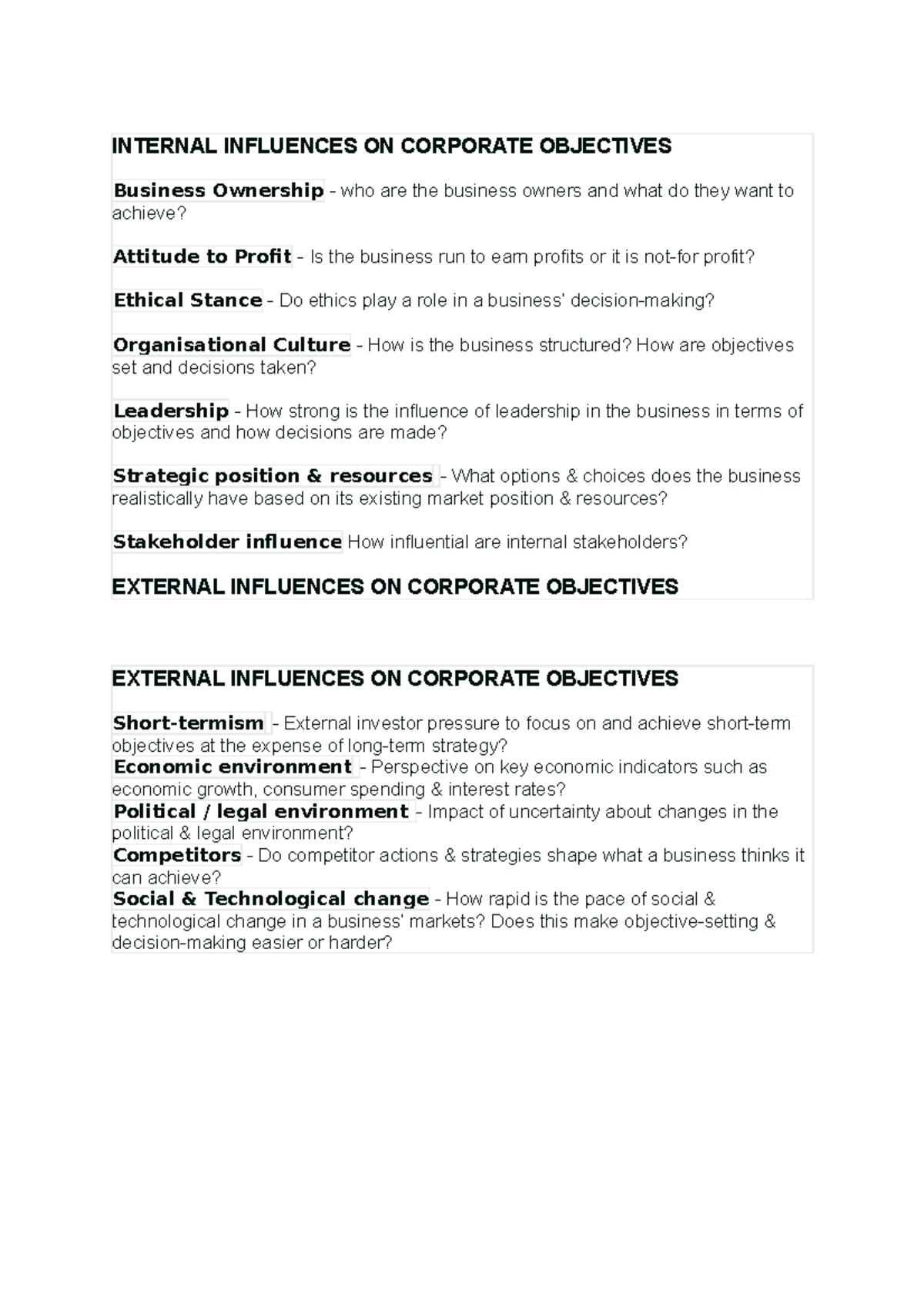 Internal Influences ON Corporate Objectives - INTERNAL INFLUENCES ON CORPORATE OBJECTIVES ...