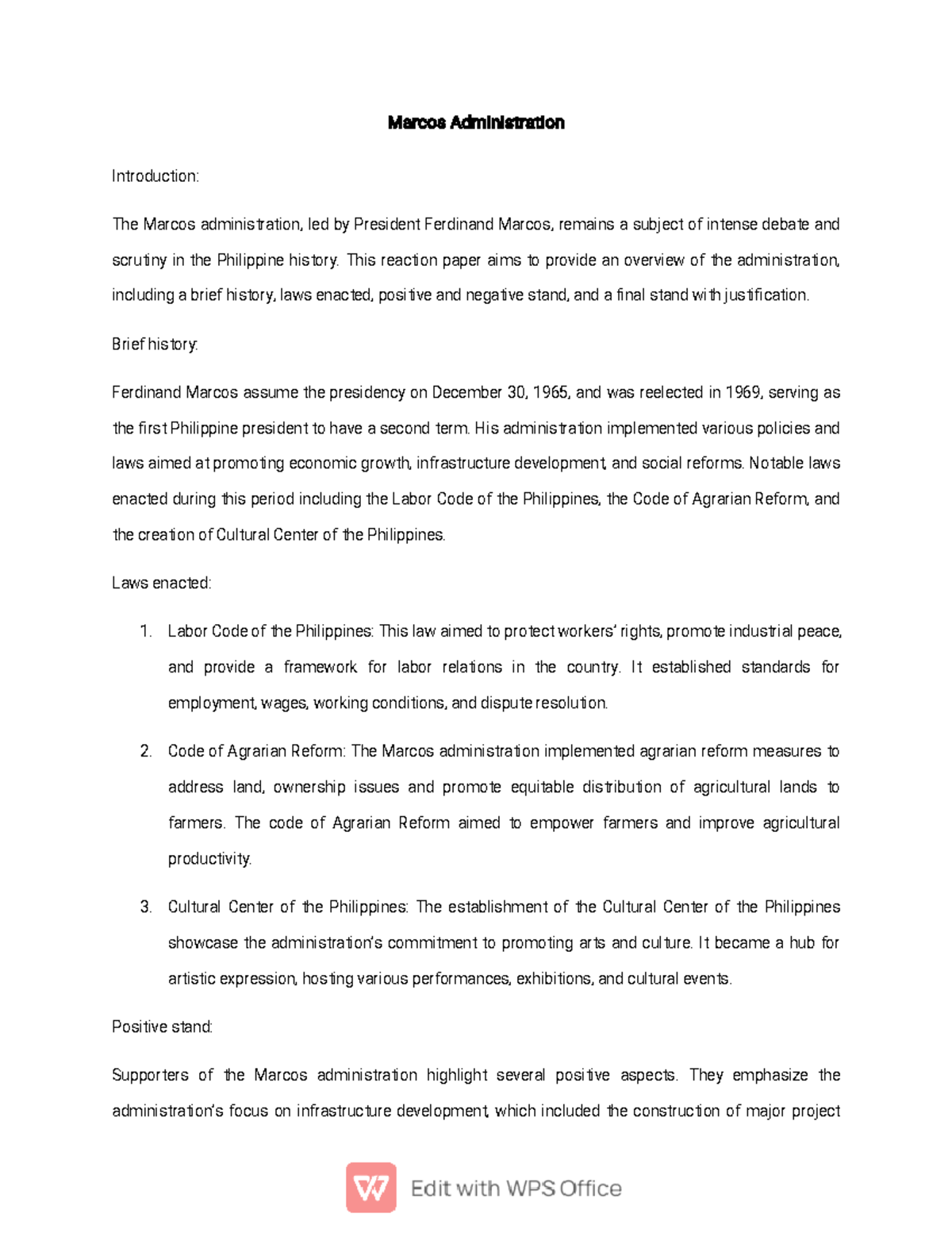 Marcos Administration - This reaction paper aims to provide an overview ...