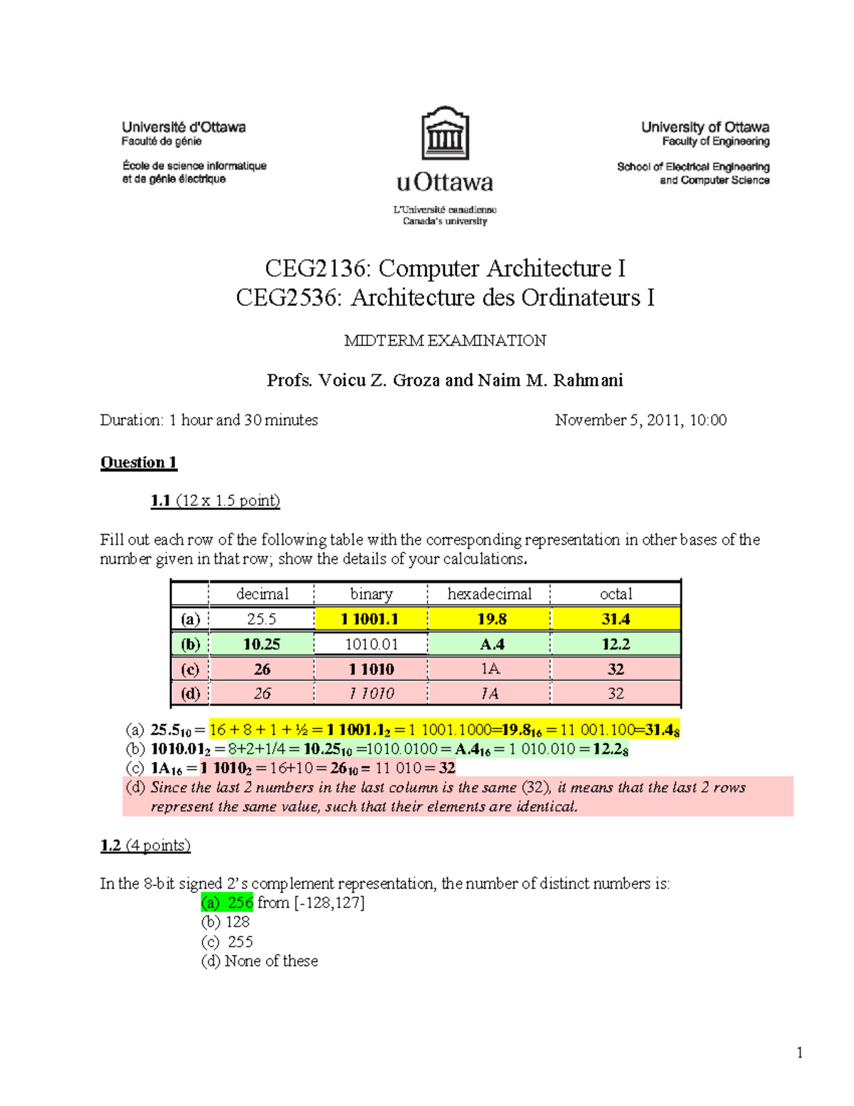 Midterm 2011, questions and answers - CEG2136: Computer Architecture I ...