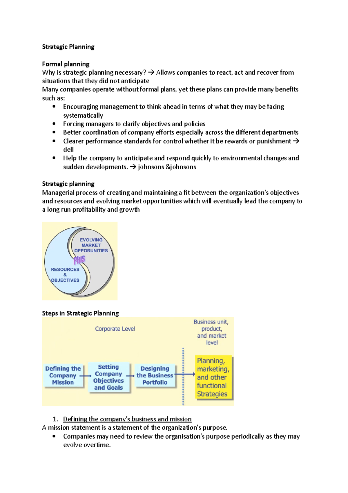 Marketing Week 2 notes - Strategic Planning Formal planning Why is ...