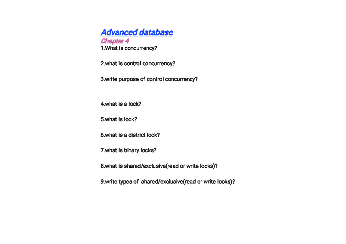 Fiqiru chapter 4 - learn all - Advanced database Chapter 4 1 is concurrency? 2 is control - Studocu