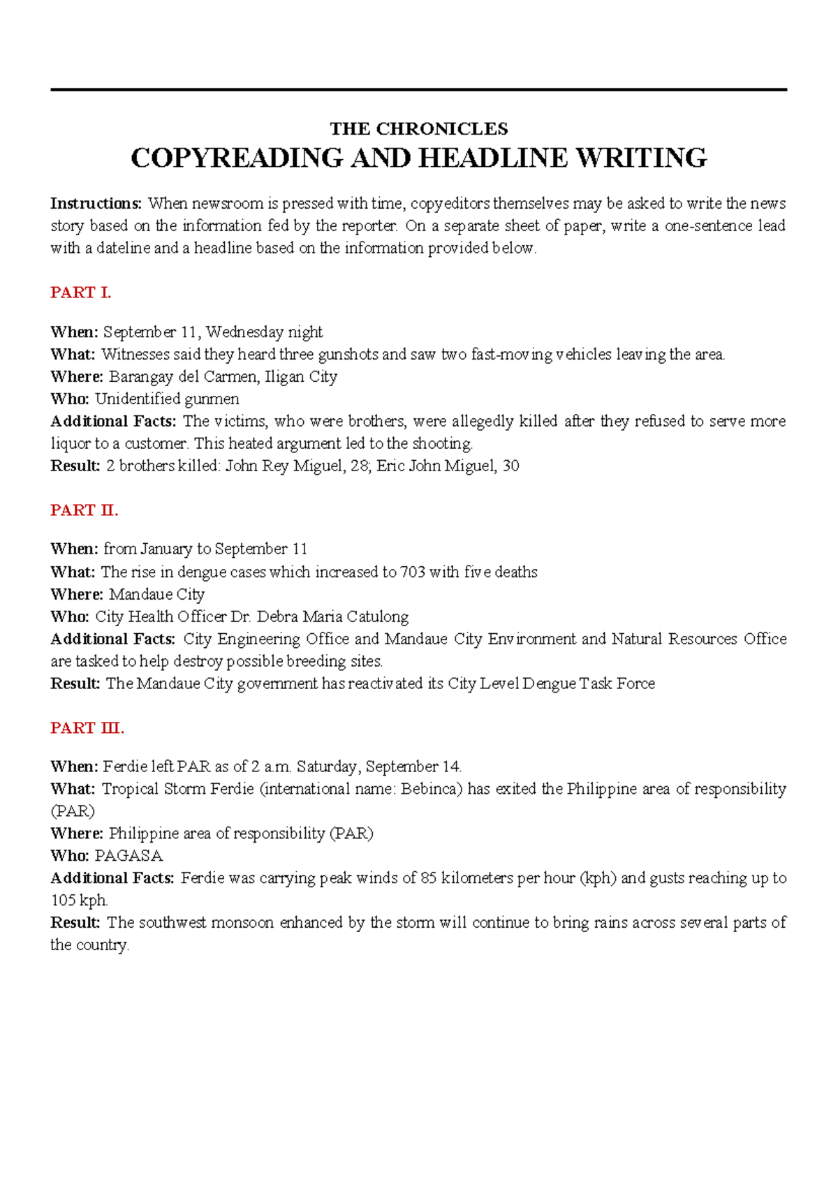 Copyreading worksheet sample - THE CHRONICLES COPYREADING AND HEADLINE ...