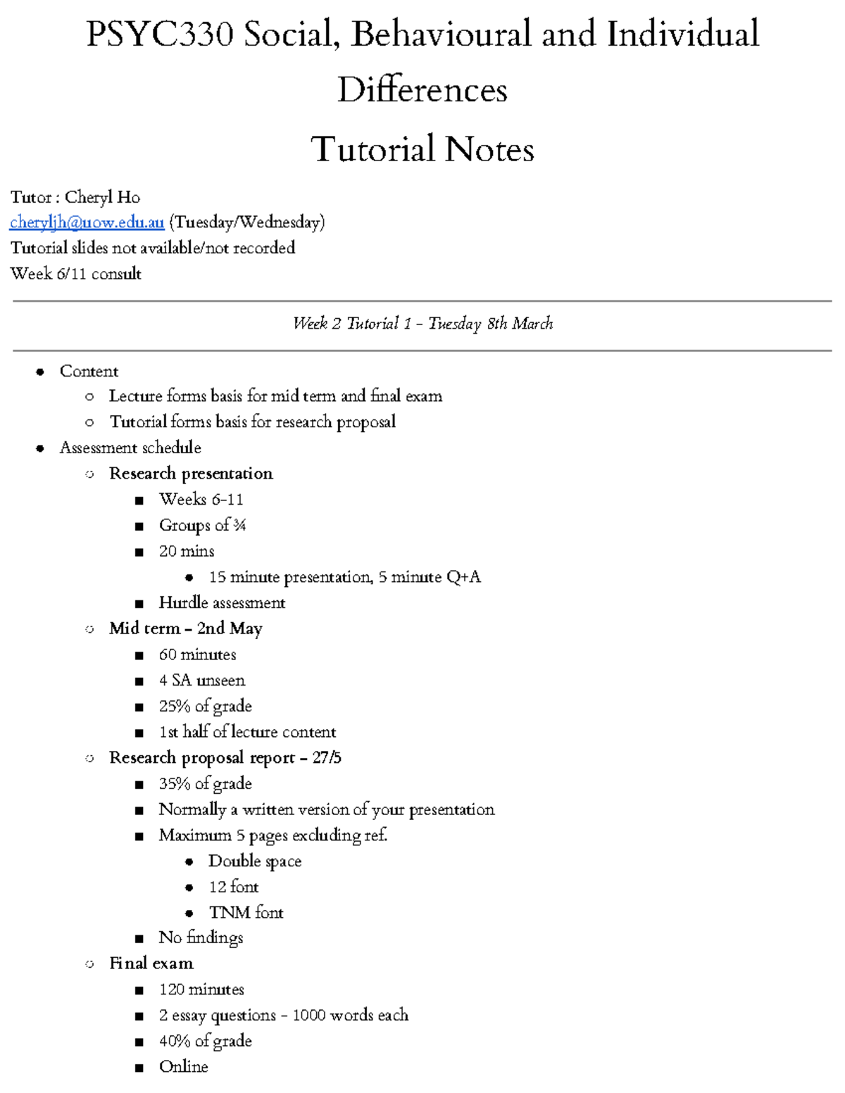 PSYC330 Social, Behavioural and Individual Differences Tutorial Notes ...