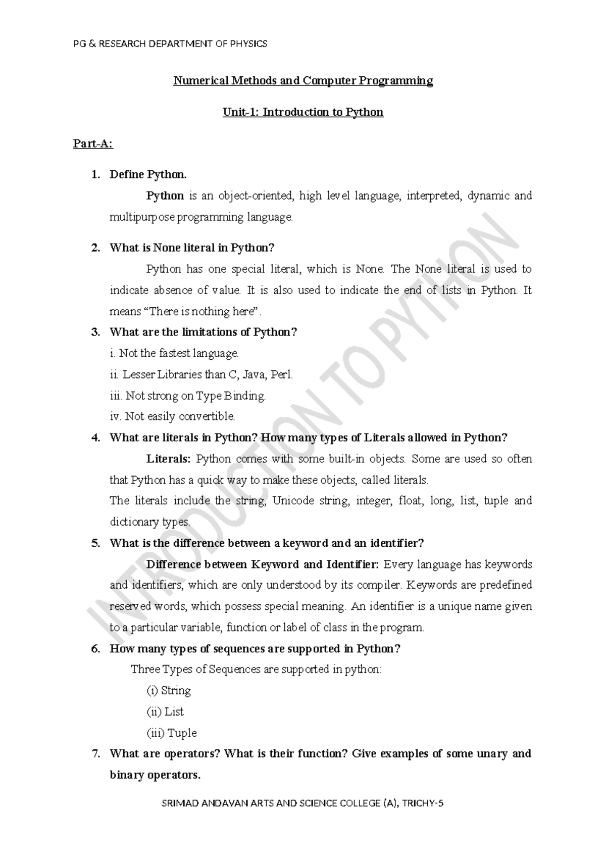 2 marks question with answer-Python - Numerical Methods and Computer Programming Unit-1: - Studocu
