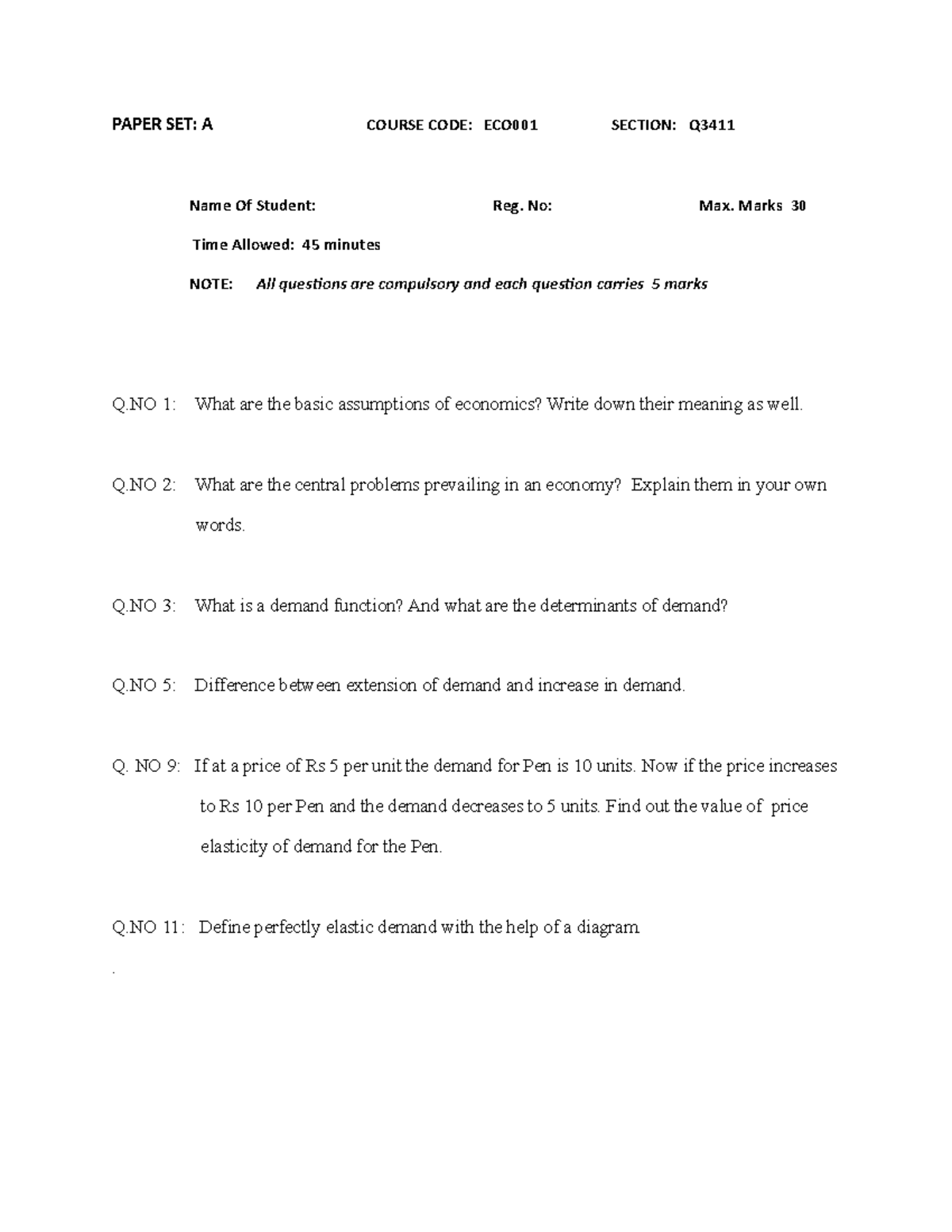 ECO 001 Question Paperset A - PAPER SET: A COURSE CODE: ECO001 SECTION ...