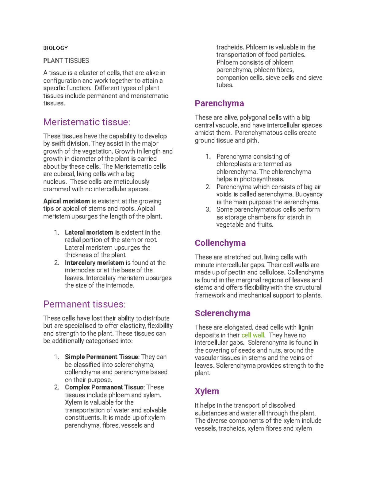 Biology - BIOLOGY PLANT TISSUES A tissue is a cluster of cells, that ...