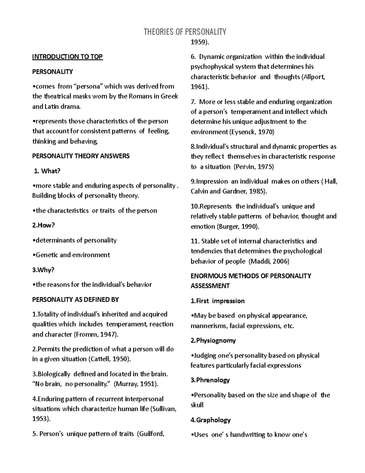 Theories of Personality Reviewer - INTRODUCTION TO TOP PERSONALITY ...