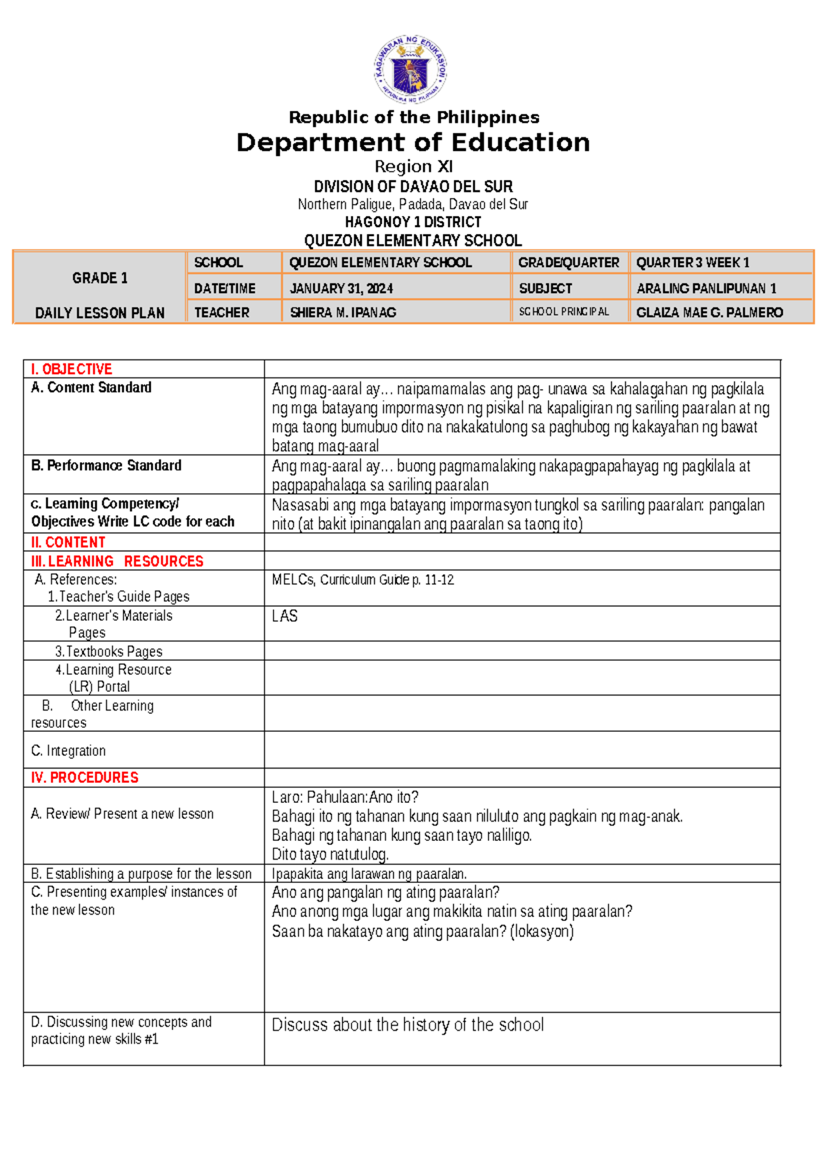 DLP AP Q3 w1 D2 - Sample lesson plan - Republic of the Philippines Department of Education ...
