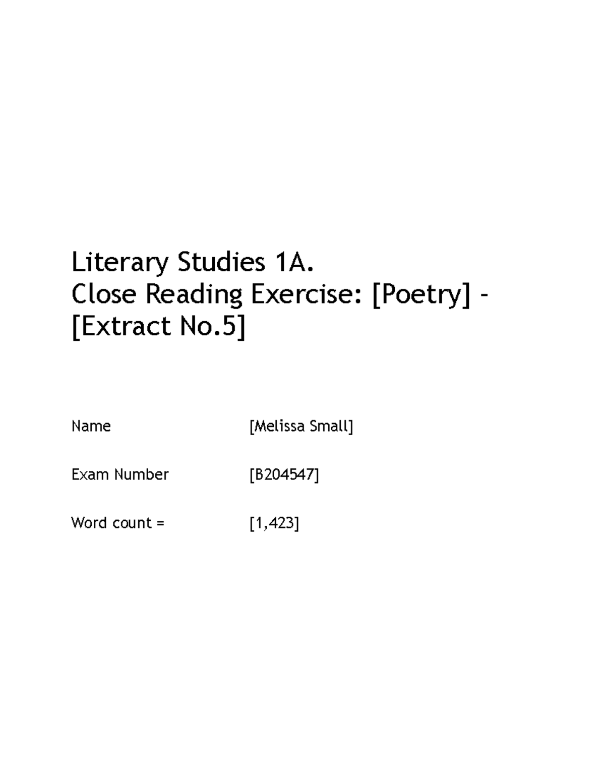 B204547 Literary Studies 1A - Literary Studies 1A. Close Reading ...