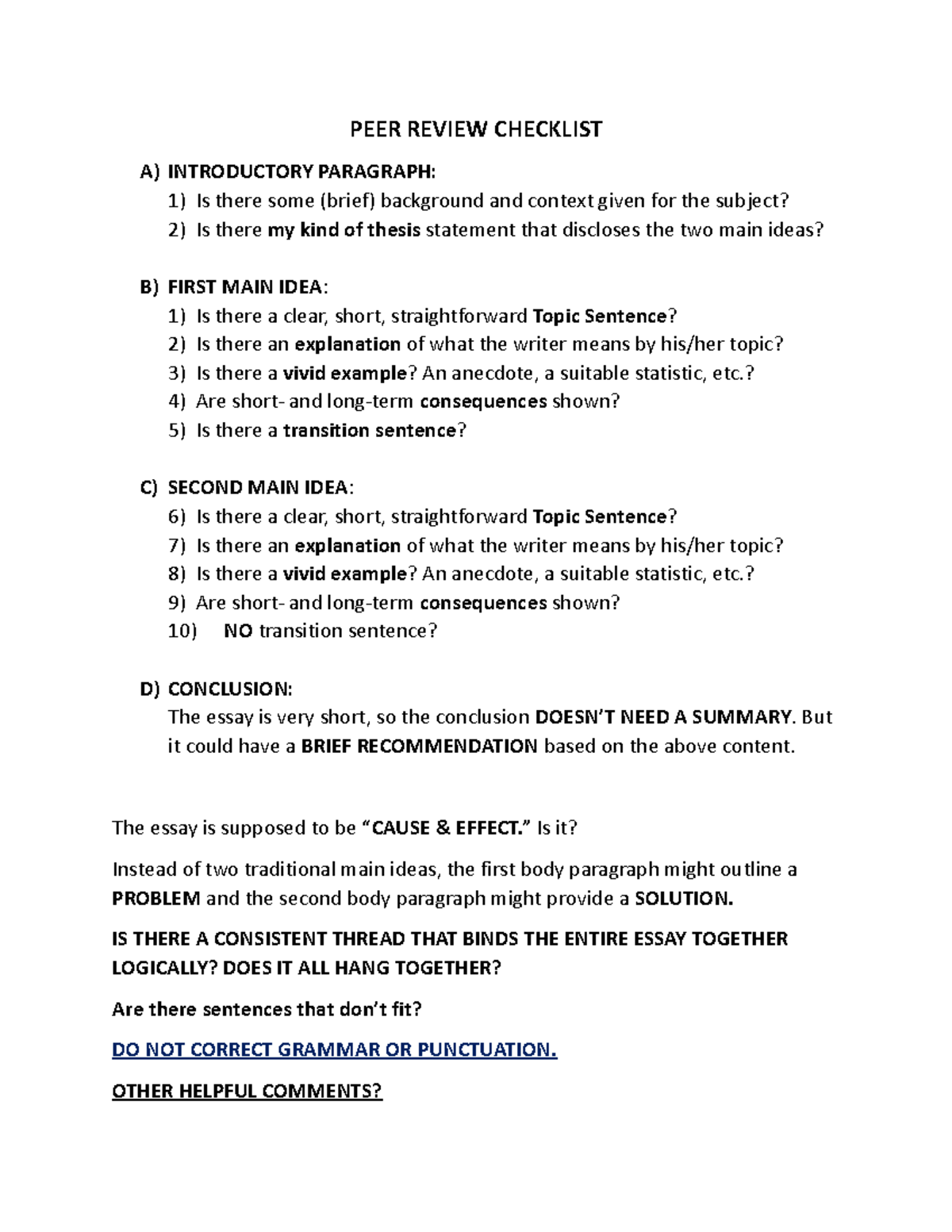 PEER Review Checklist - PEER REVIEW CHECKLIST A) INTRODUCTORY PARAGRAPH ...