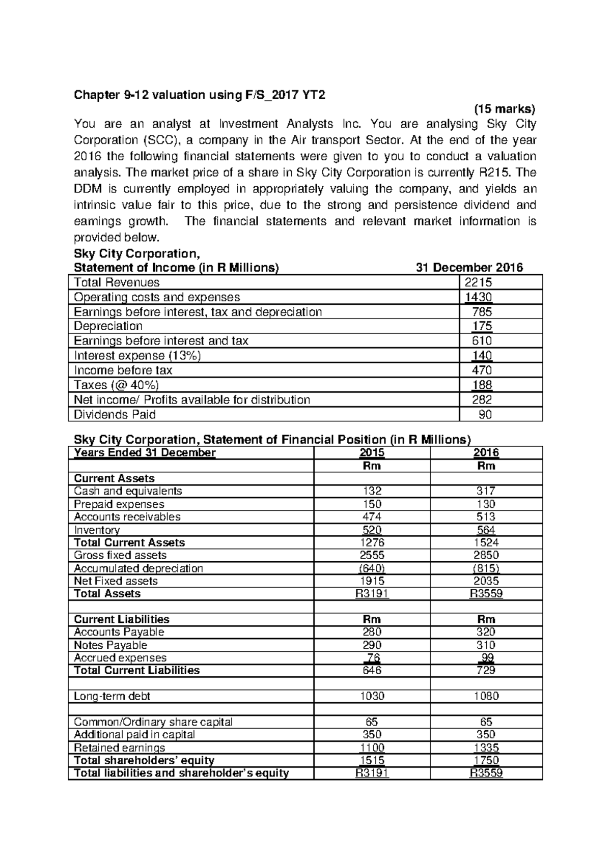 Extra question FCFF using FS 2018 - Chapter 9-12 valuation using F/S_2017 YT (15 marks) You are ...