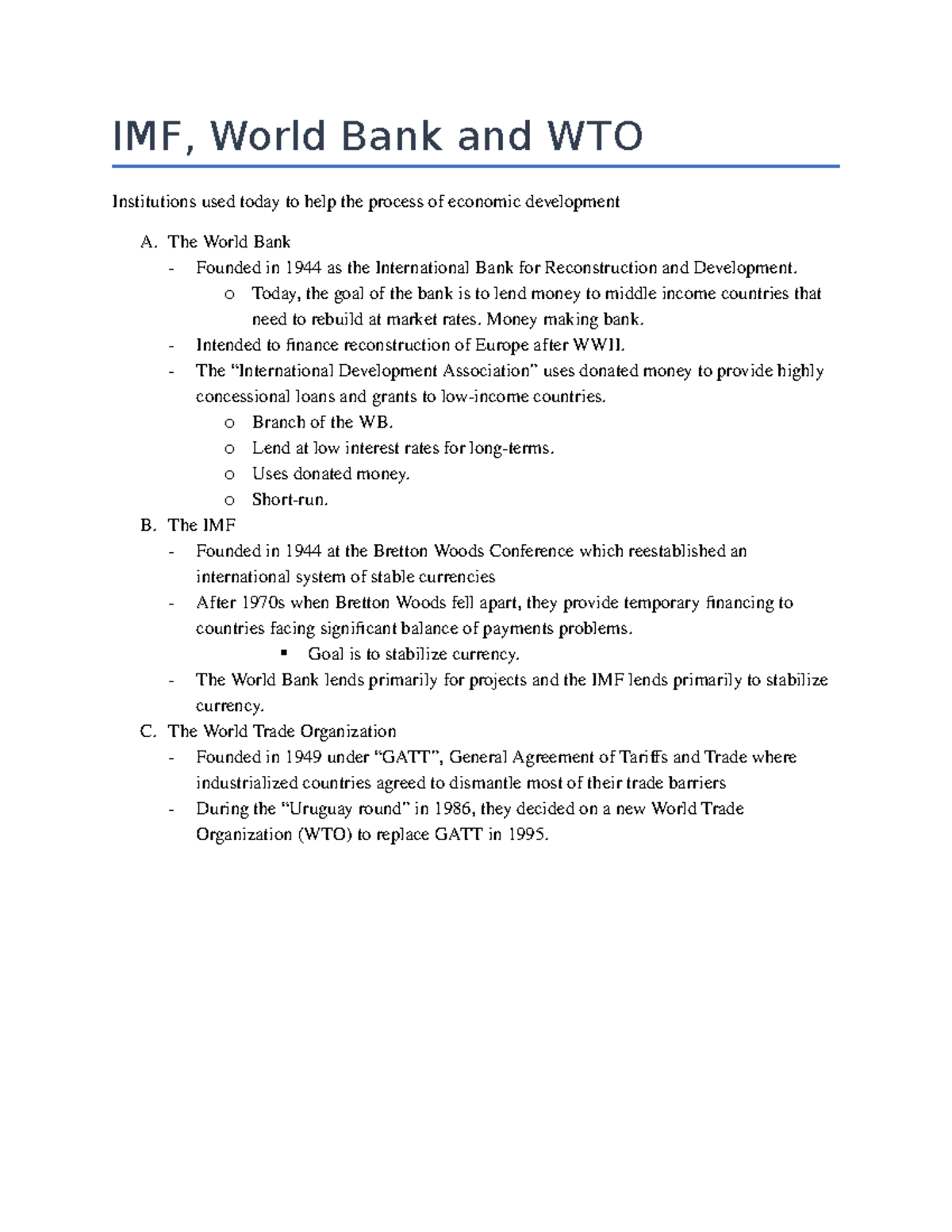 ECN 115BY Notes weer 5-7 - IMF, World Bank and WTO Institutions used ...