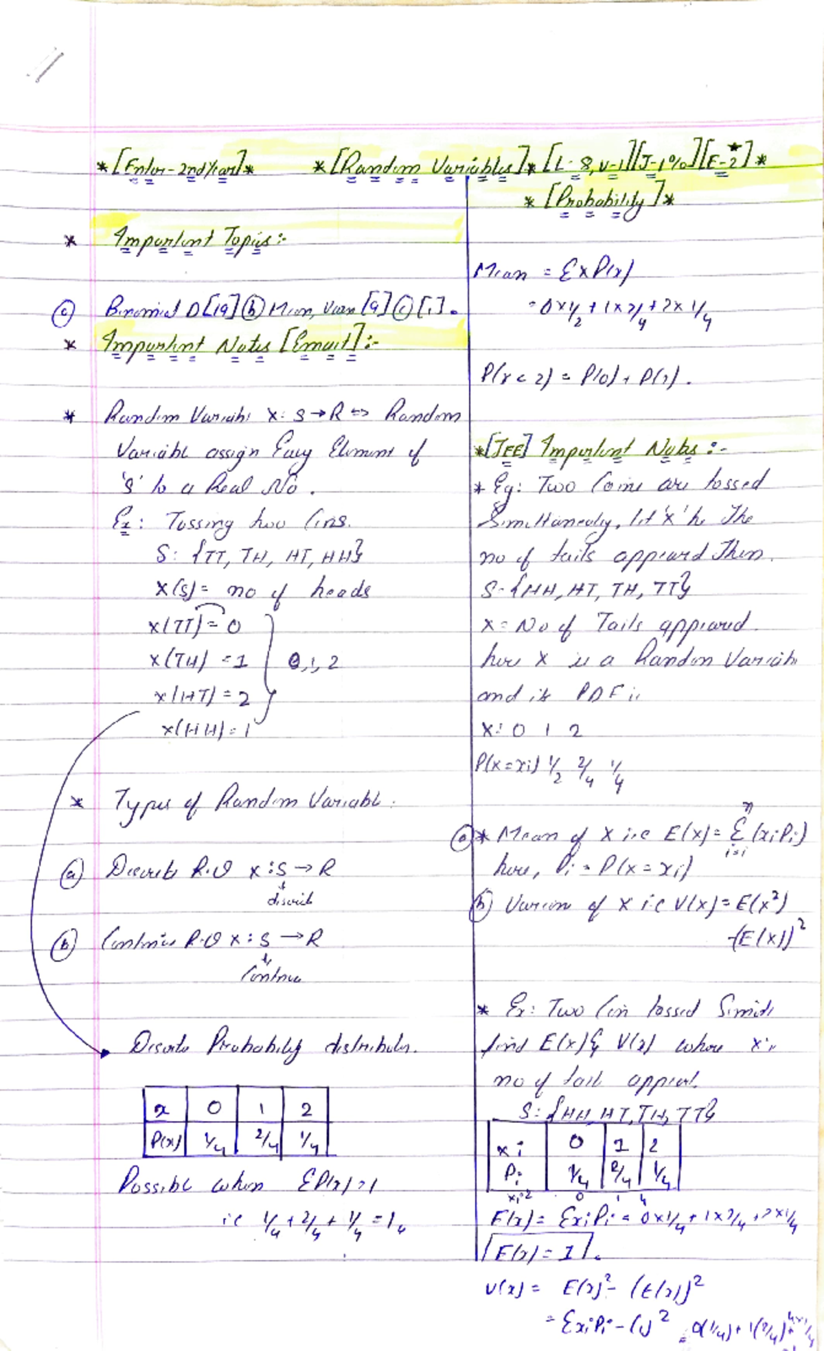 Random variables [ complete Notes with Examples and Imp Formulas - ~ ,P ...