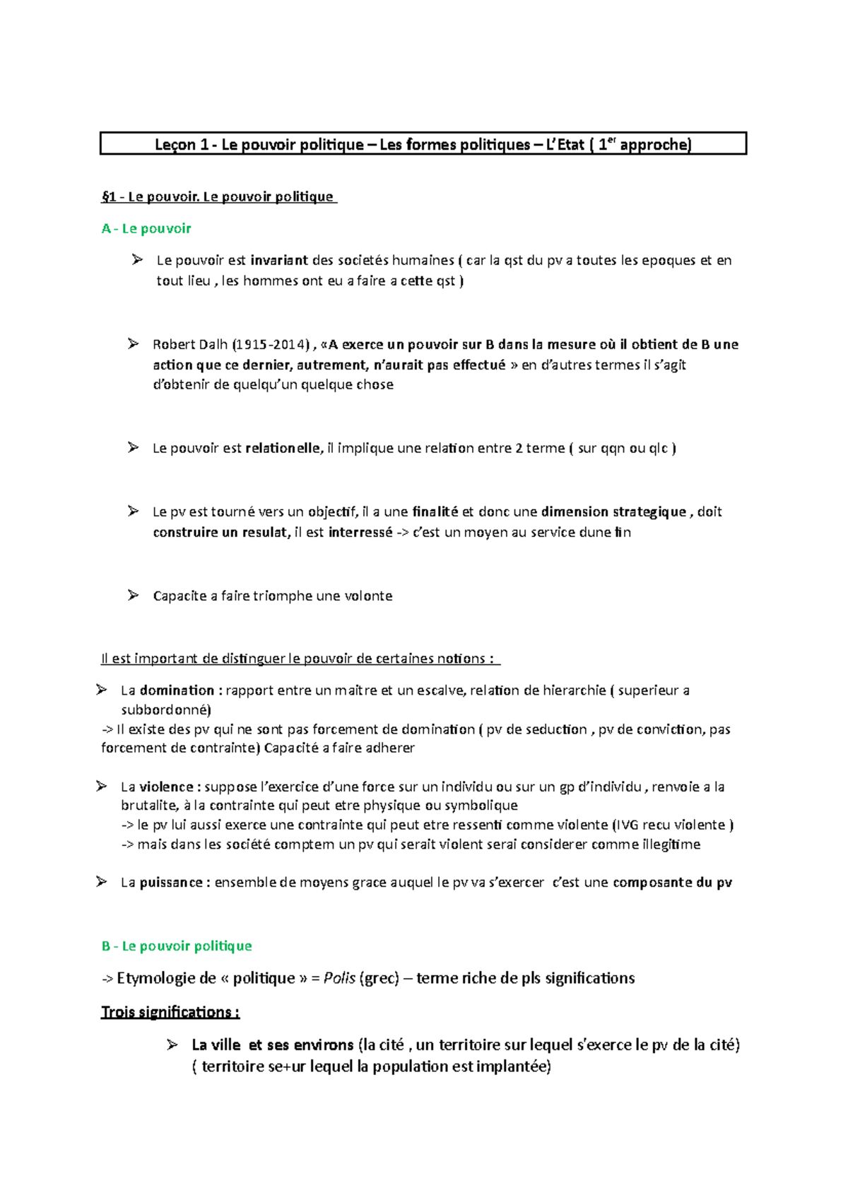 Lecon 1 - note de cours - Leçon 1 - Le pouvoir politique – Les formes ...