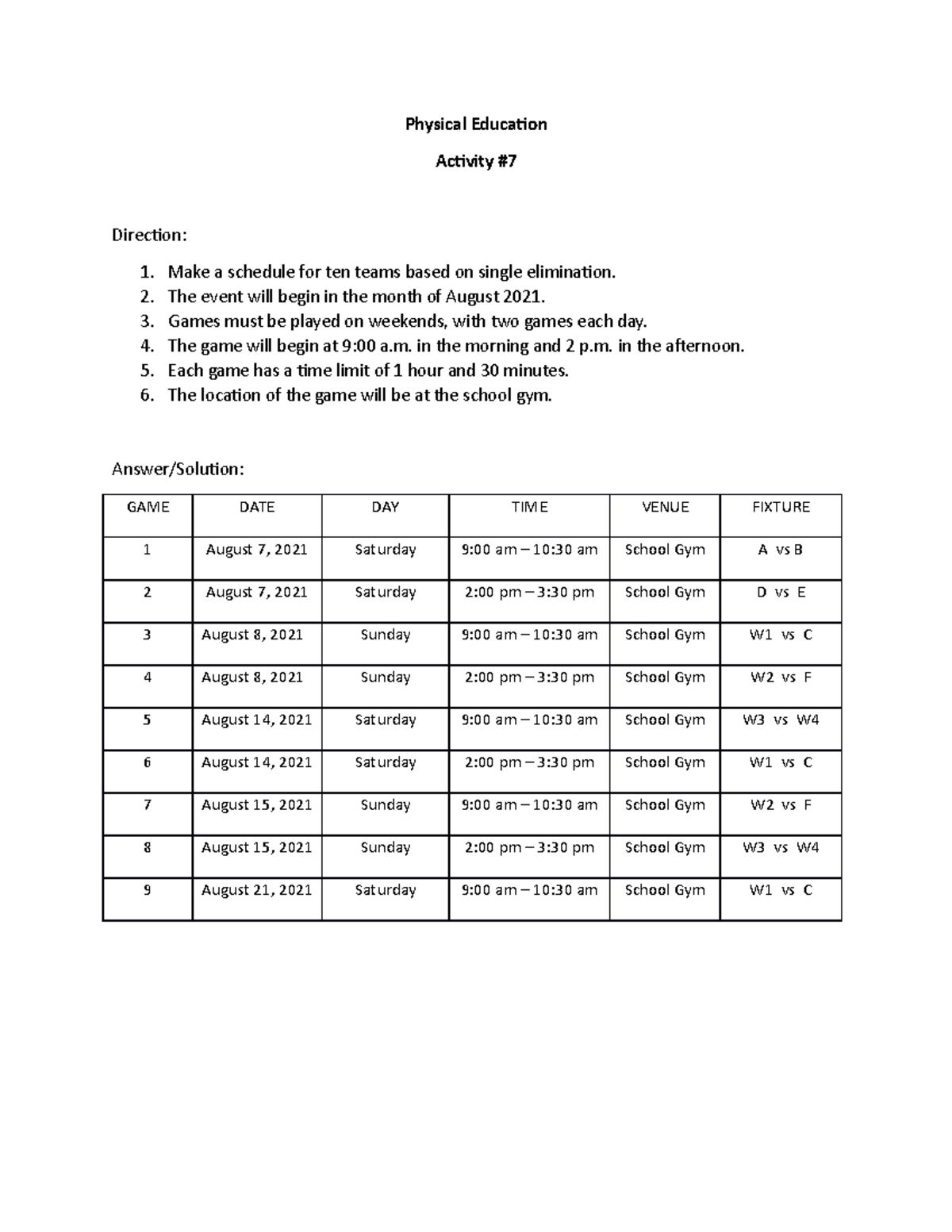 Single Elimination Tournament - Physical Education Activity Direction ...